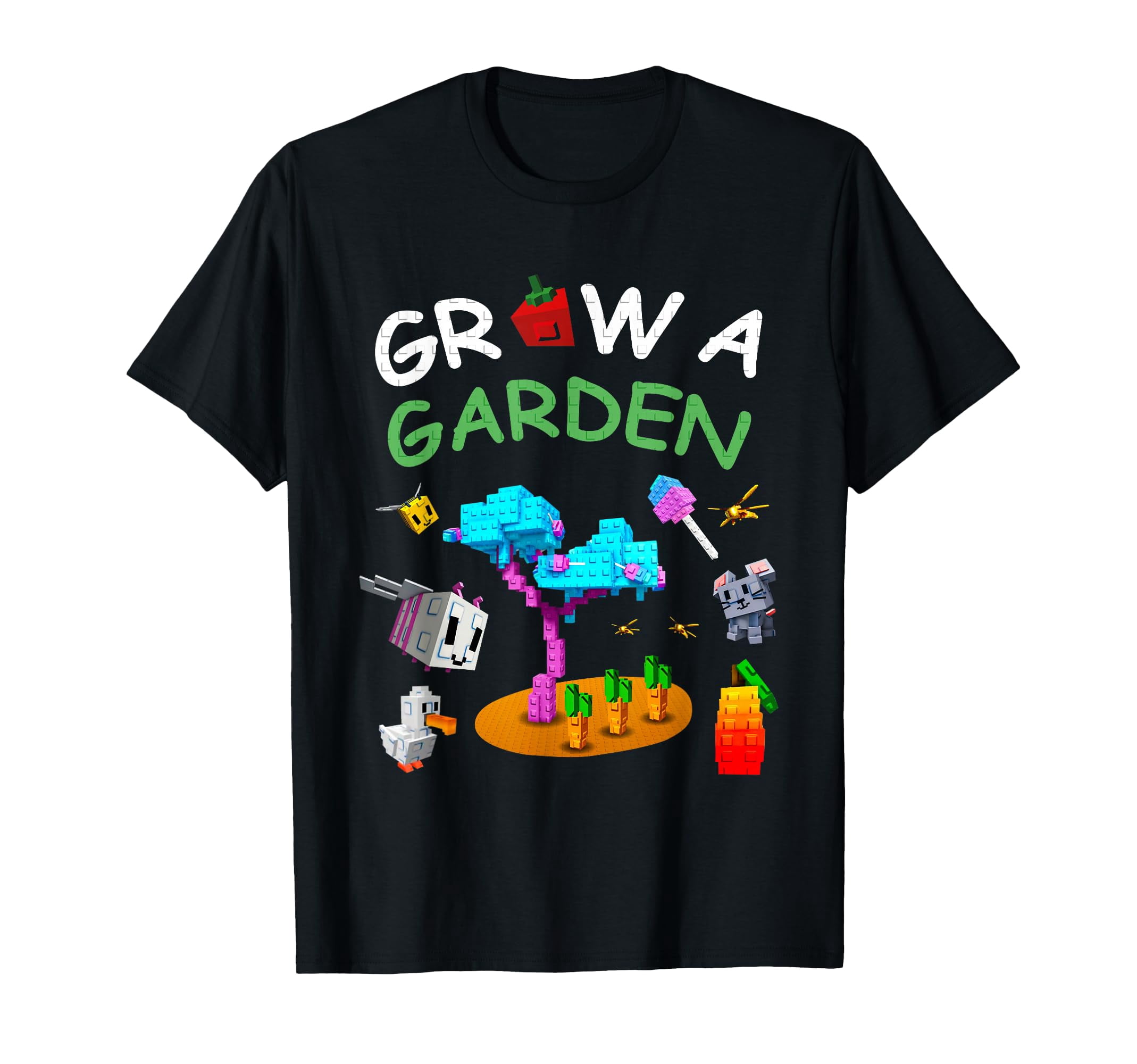 Colorful Pixel Garden T-Shirt with Whimsical Animals & Veggies for ...