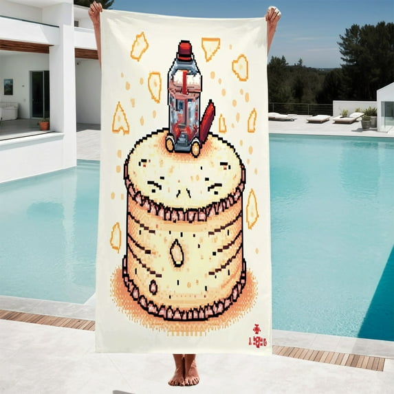 Colorful Pixelated Cake Design Beach Towel - Fun Retro Aesthetic for Pool Travel & Bath ...