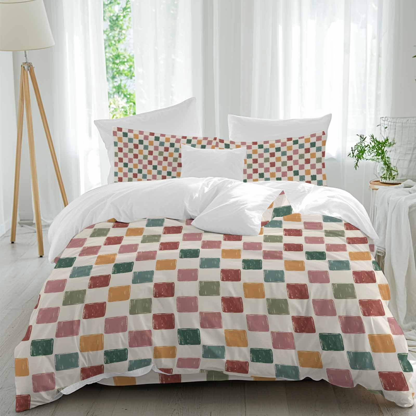 Colorful Plaid Comforter Set Full Size, Retro Pink Green Yellow Red ...