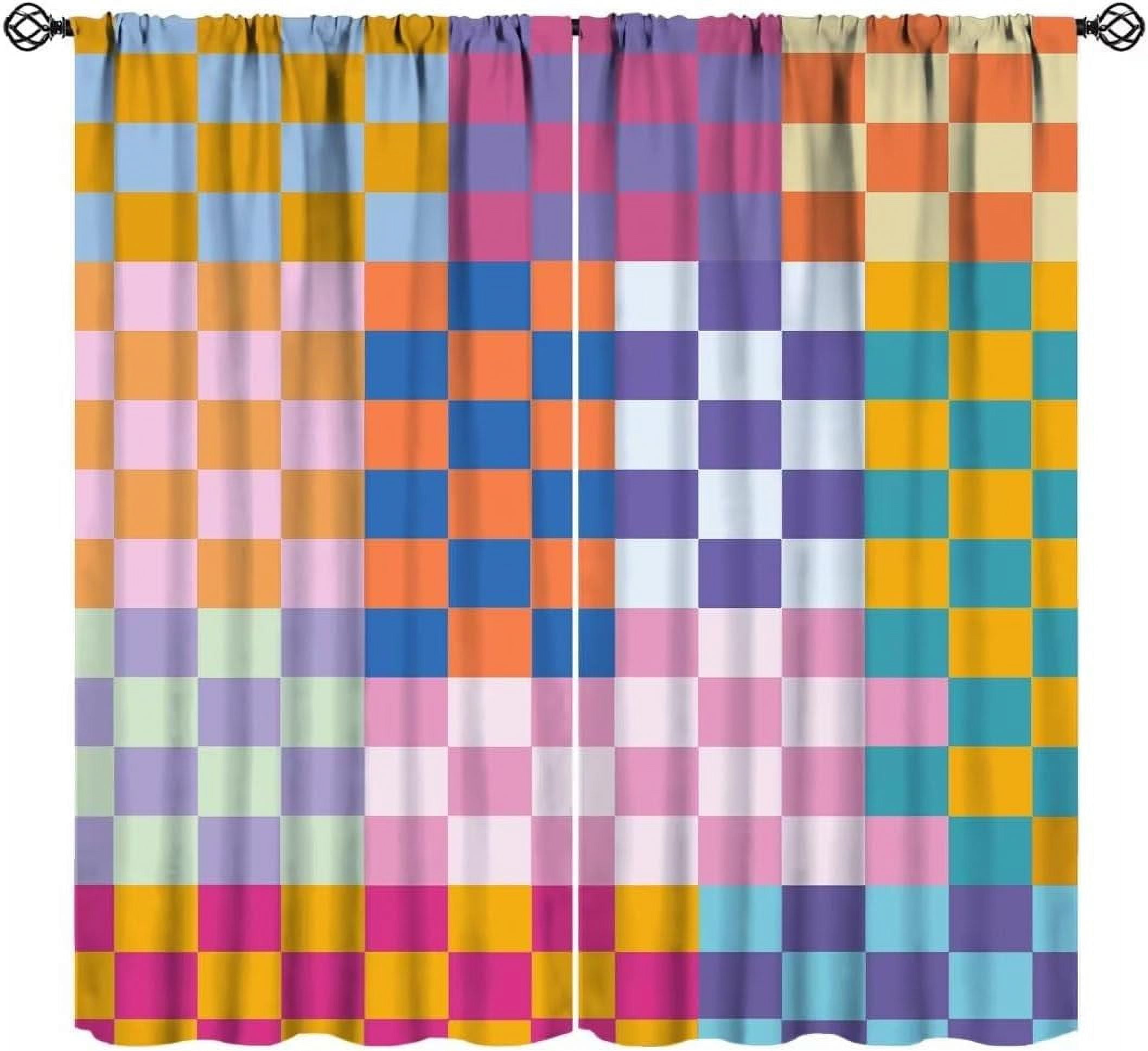 Colorful Plaid Curtains, Abstract Modern Rainbow Retro Groovy Curtain ...