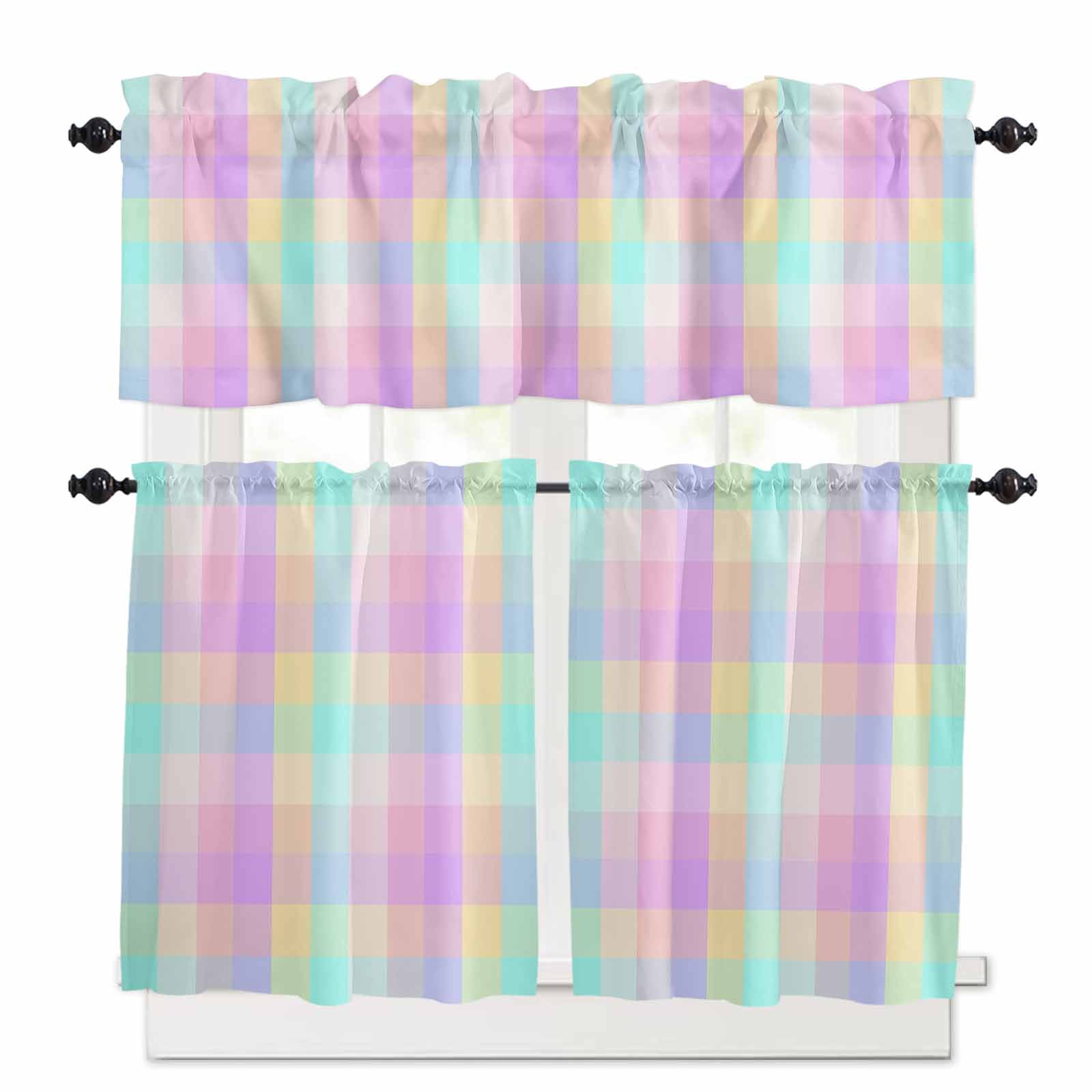 Colorful Plaid Kitchen Curtains Valance and Tier Set Simple Pink Plaid ...