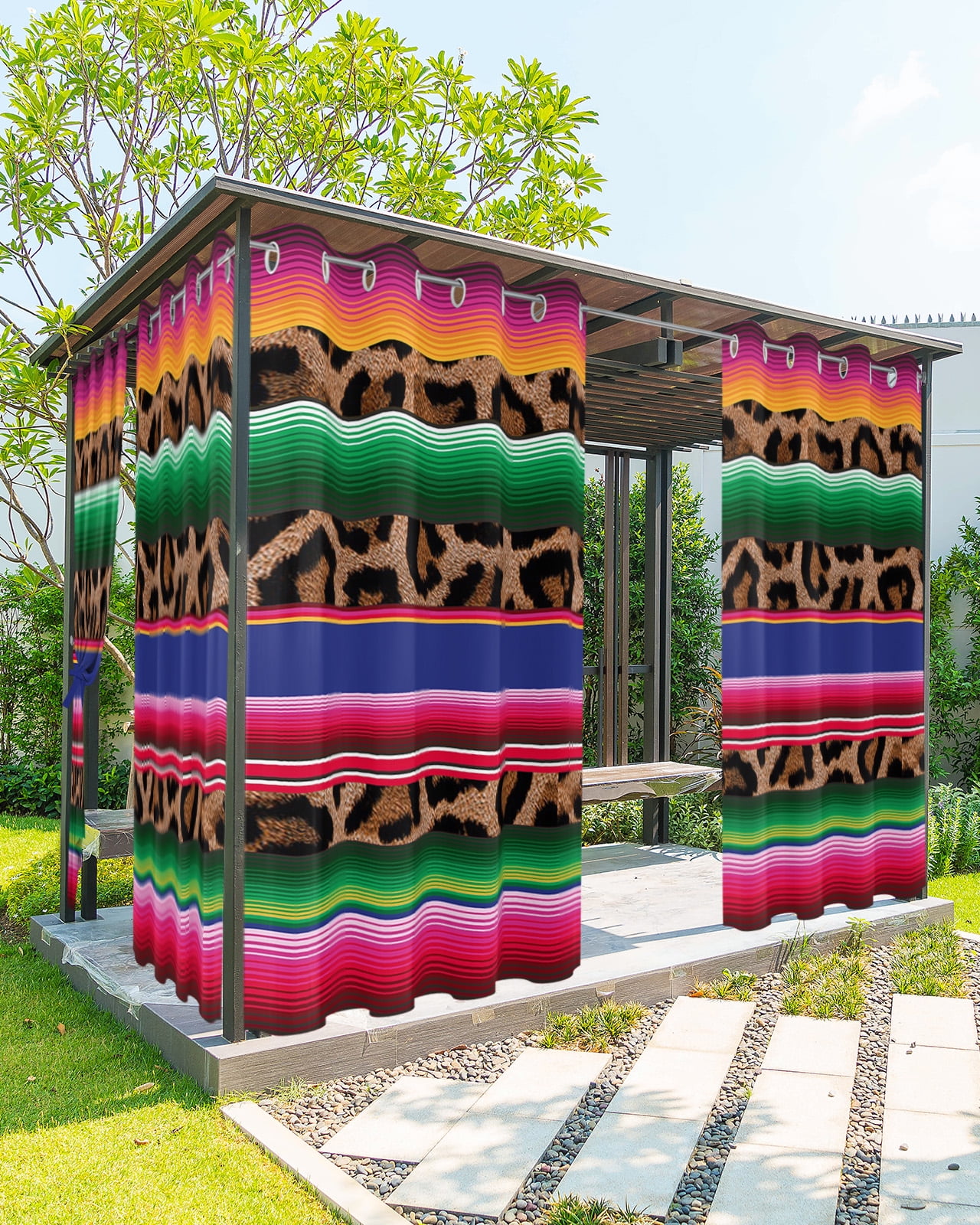 Colorful Plaid Leopard Print Outdoor Curtains for Patio, Black White ...
