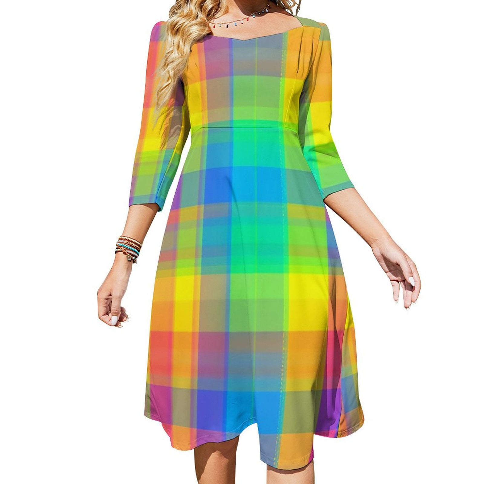 Colorful Plaid Pattern-2 Women's Fall Dresses Casual Loose Flowy Swing ...