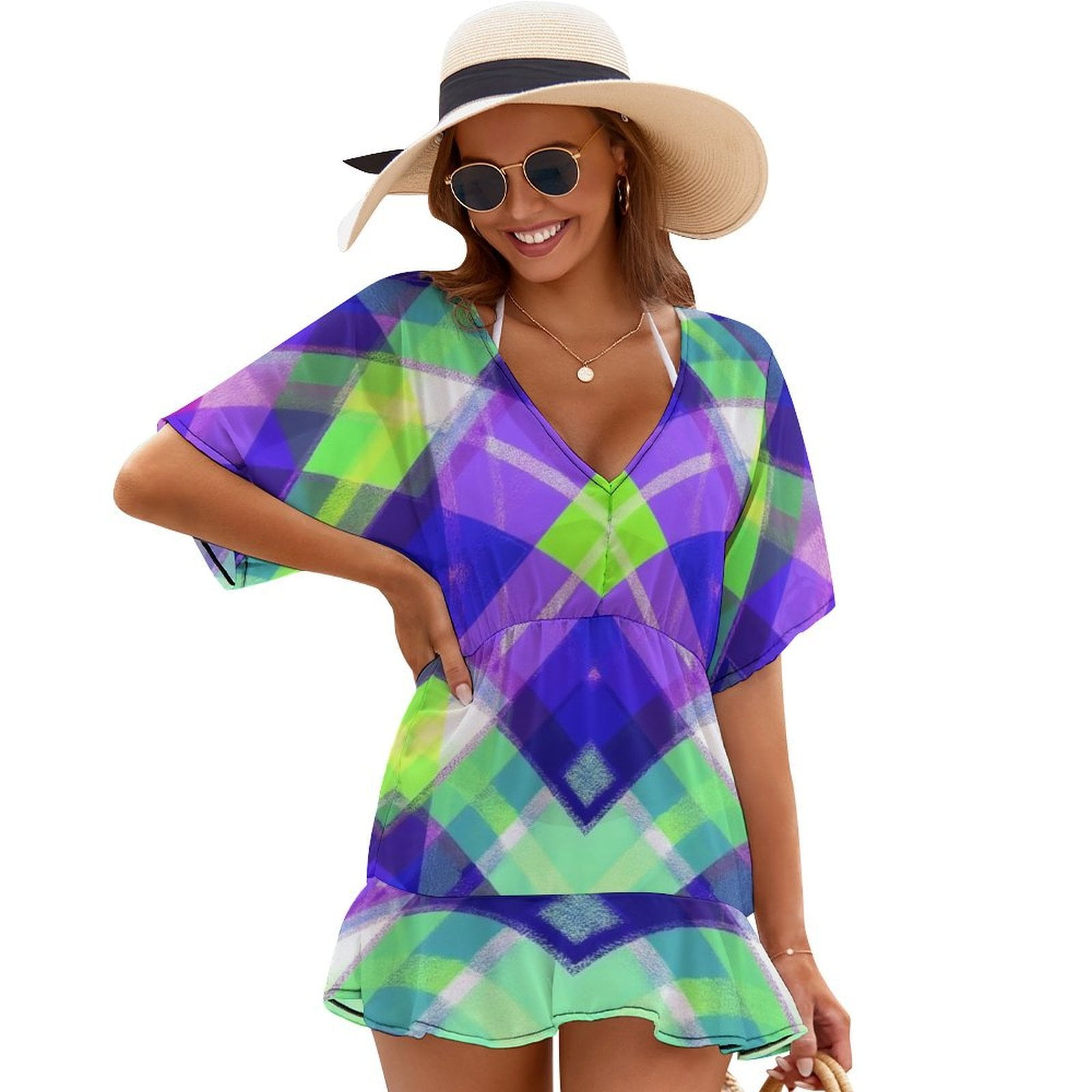 Colorful Plaid Pattern Beach Cover Ups Women V Neck Short Sleeve Dress ...