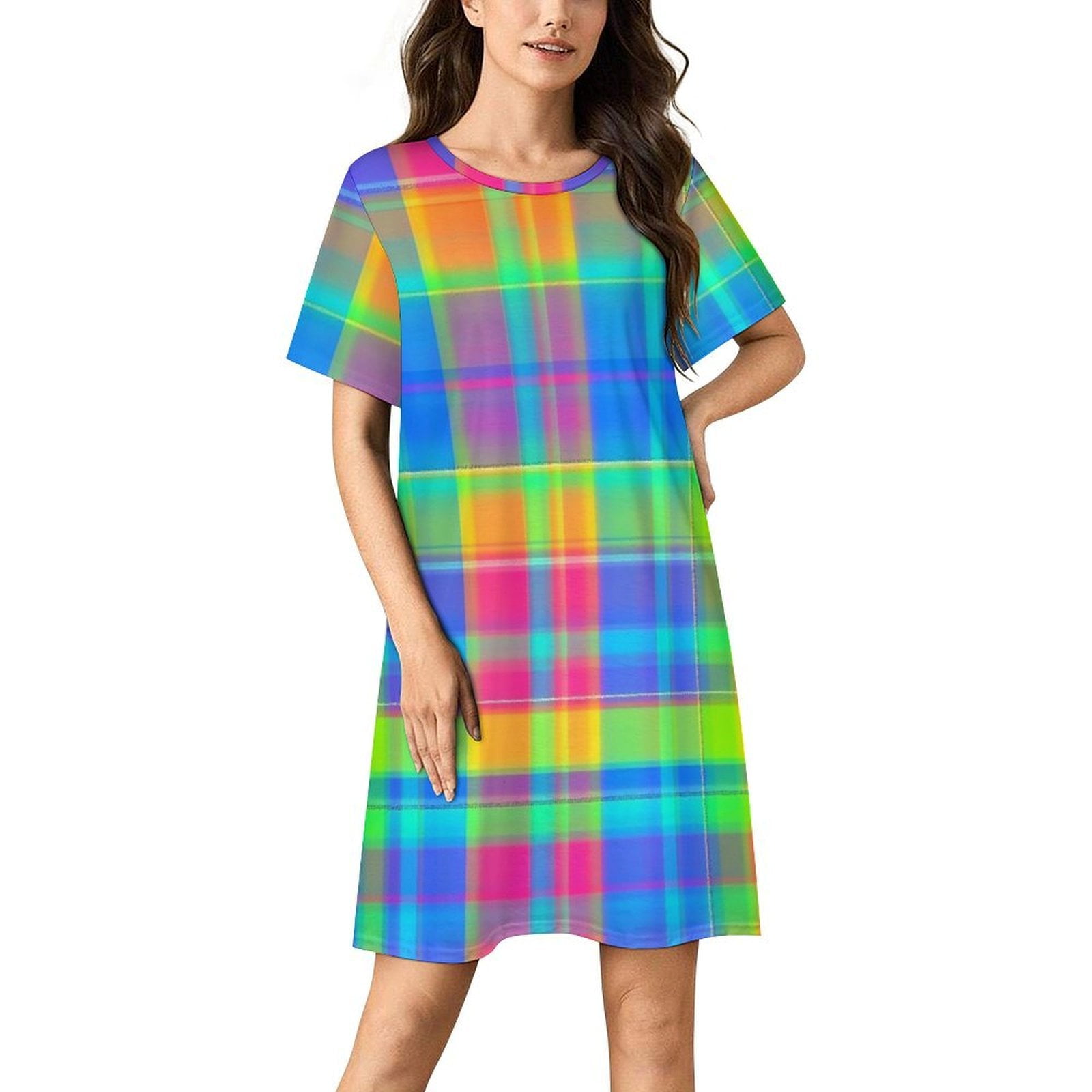 Colorful Plaid Pattern Women Nightgown Sleepwear Short Sleeves For ...