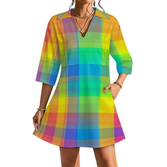 Colorful Plaid Pattern Womens Dress With Pockets Summer V Neck 3/4 ...