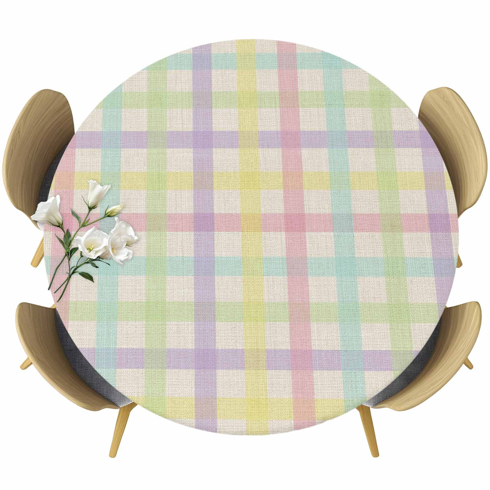 Colorful Plaid Round Fitted Tablecloth with Elastic Edge, Country Farm ...