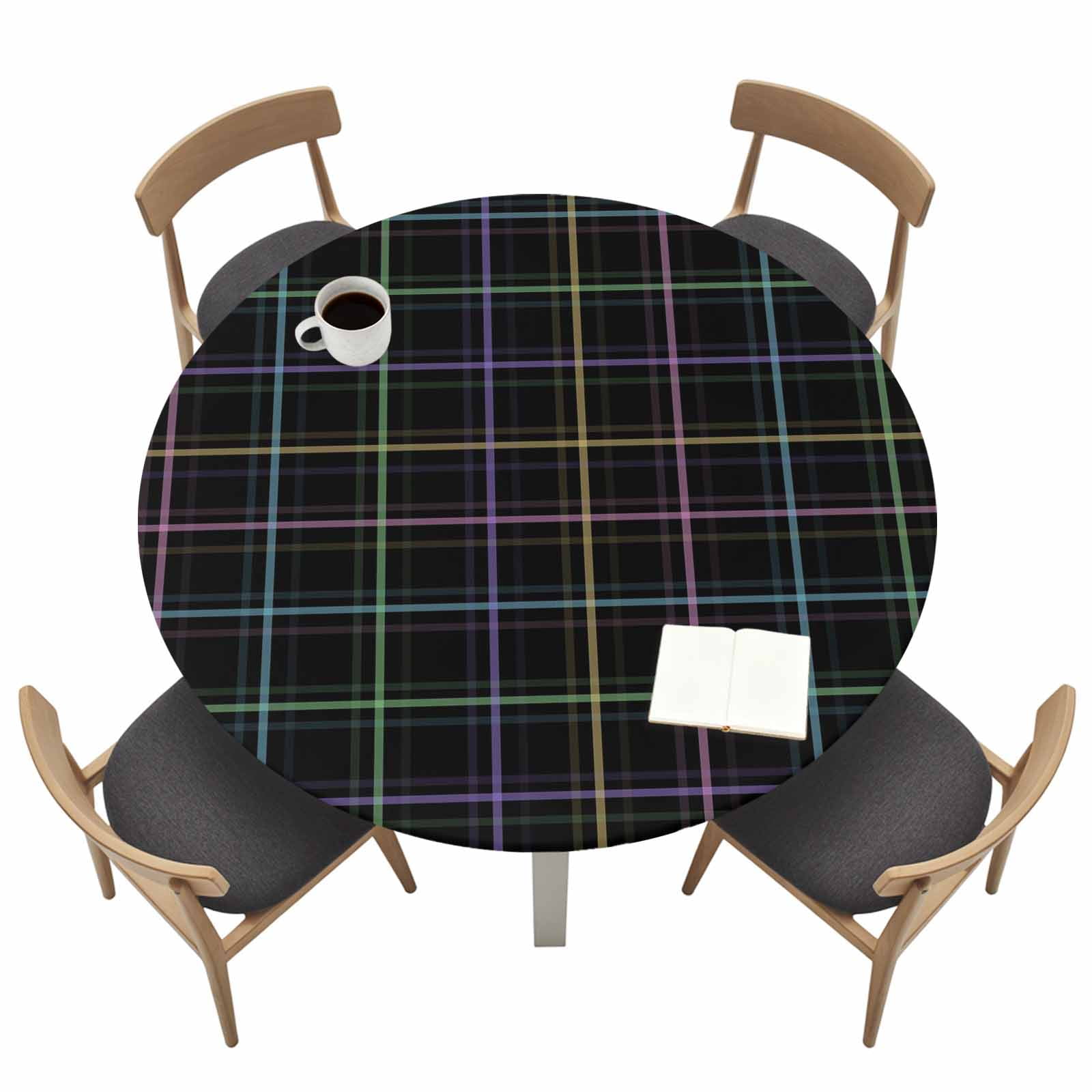 Colorful Plaid Round Fitted Tablecloth with Elastic Edge Yellow Pink ...