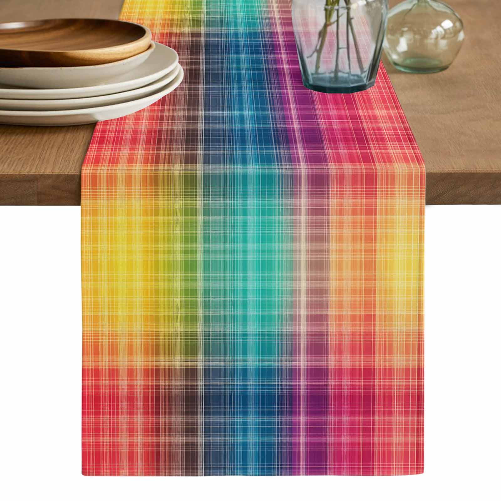 Colorful Plaid Table Runner, Modern Chic Rainbow Gradient Striped ...