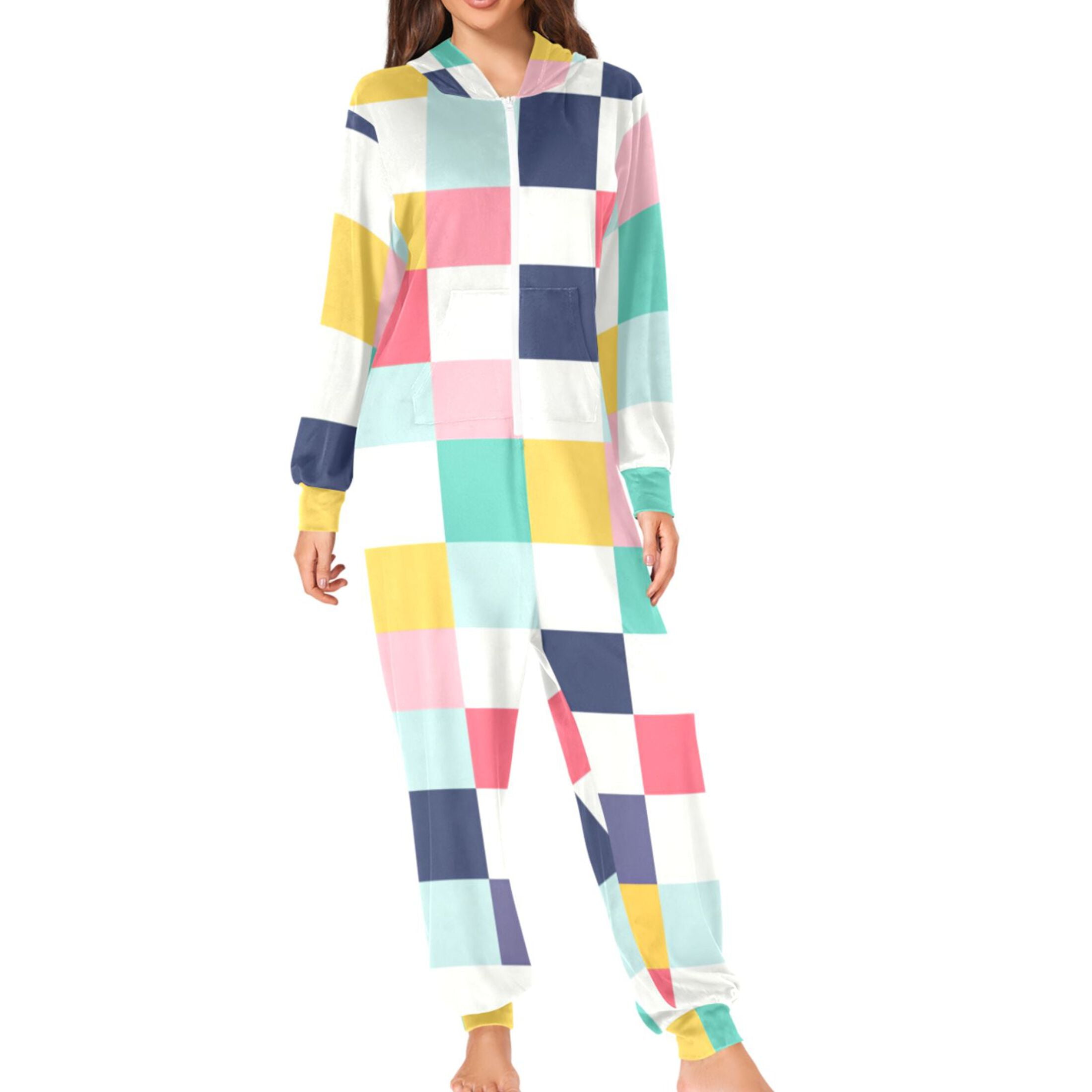 Colorful Plaids Checkerboard Adult's Hoodie Onesie Jumpsuit One-Piece ...