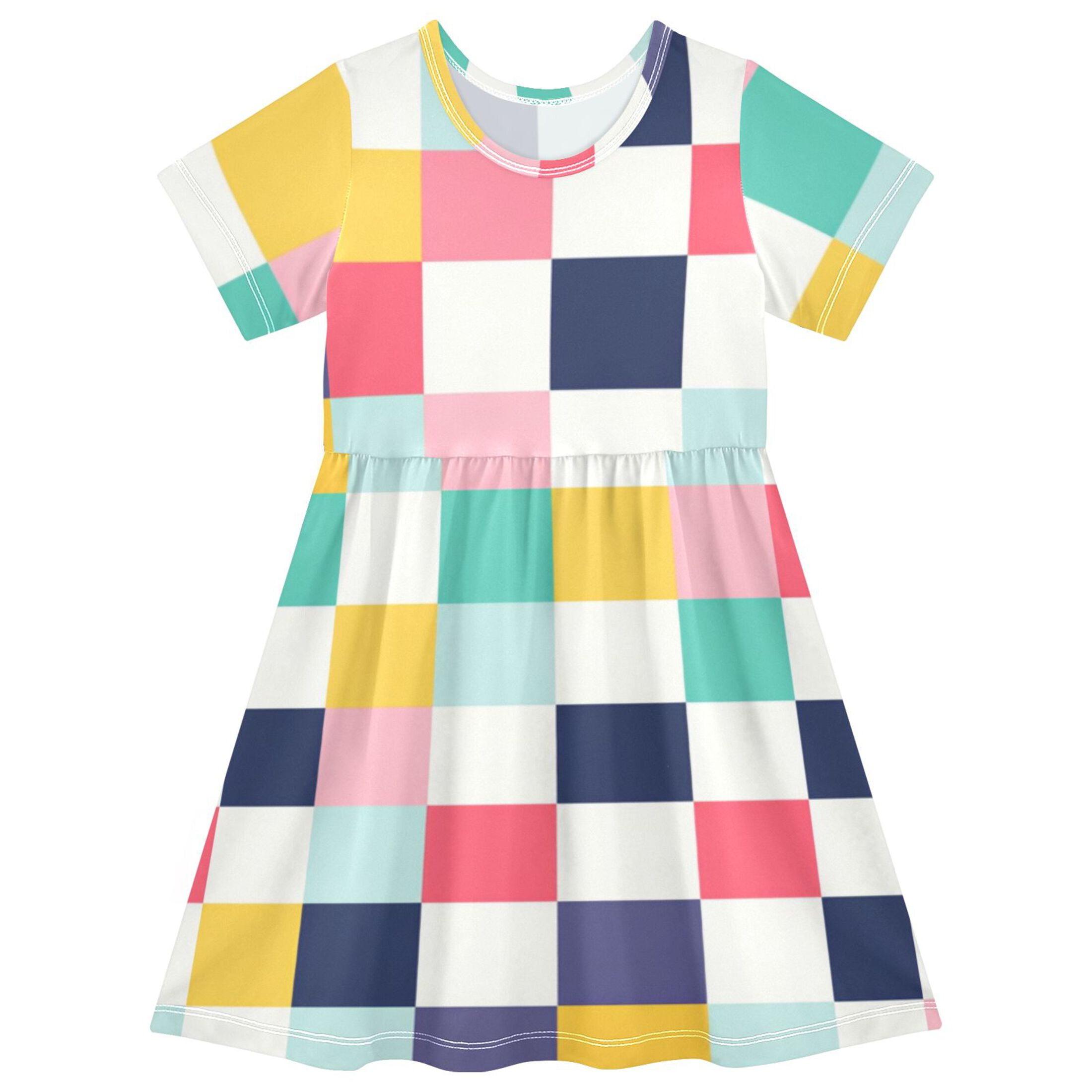 Colorful Plaids Checkerboard Girls' Short Sleeve Dress A-Line One-Piece ...