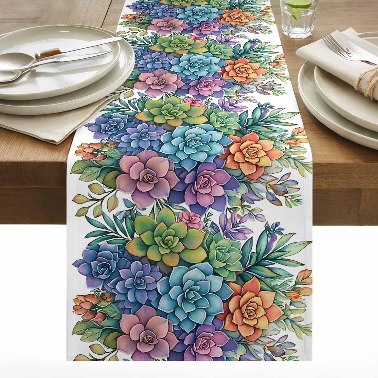 Colorful Plant Cotton Linen Table Runner Spring Floral Blue Pink Green ...