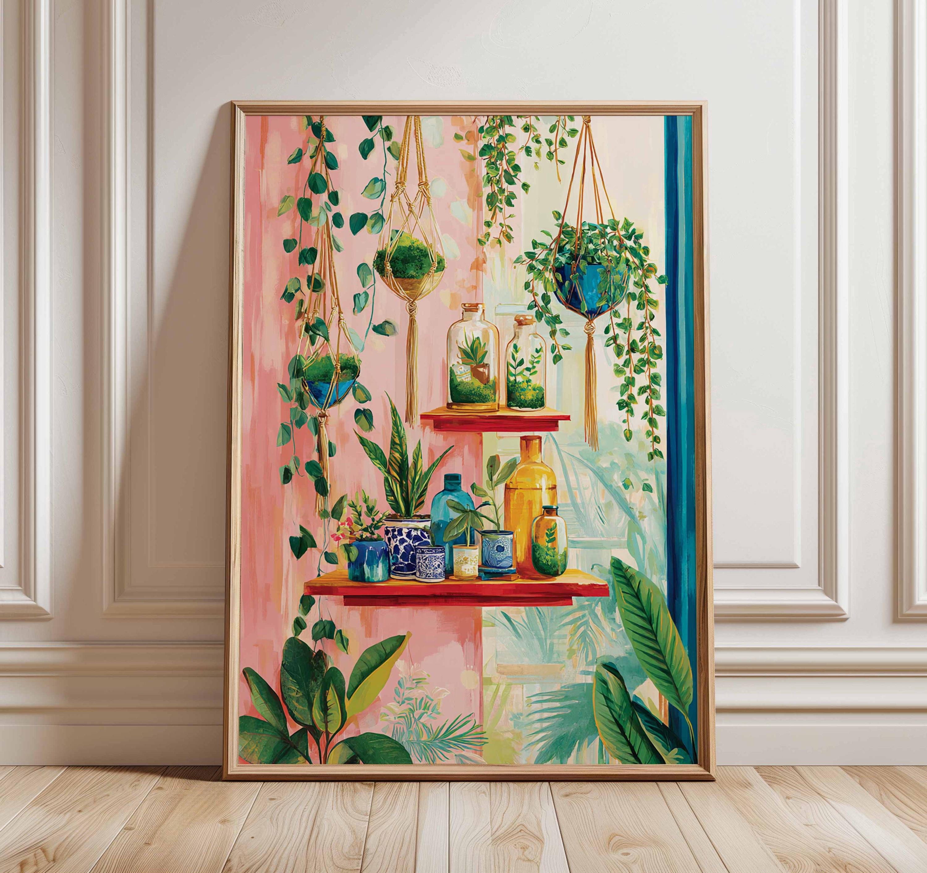 Colorful Plant Shelf Art Print, Botanical Wall Poster, Hanging Plant ...