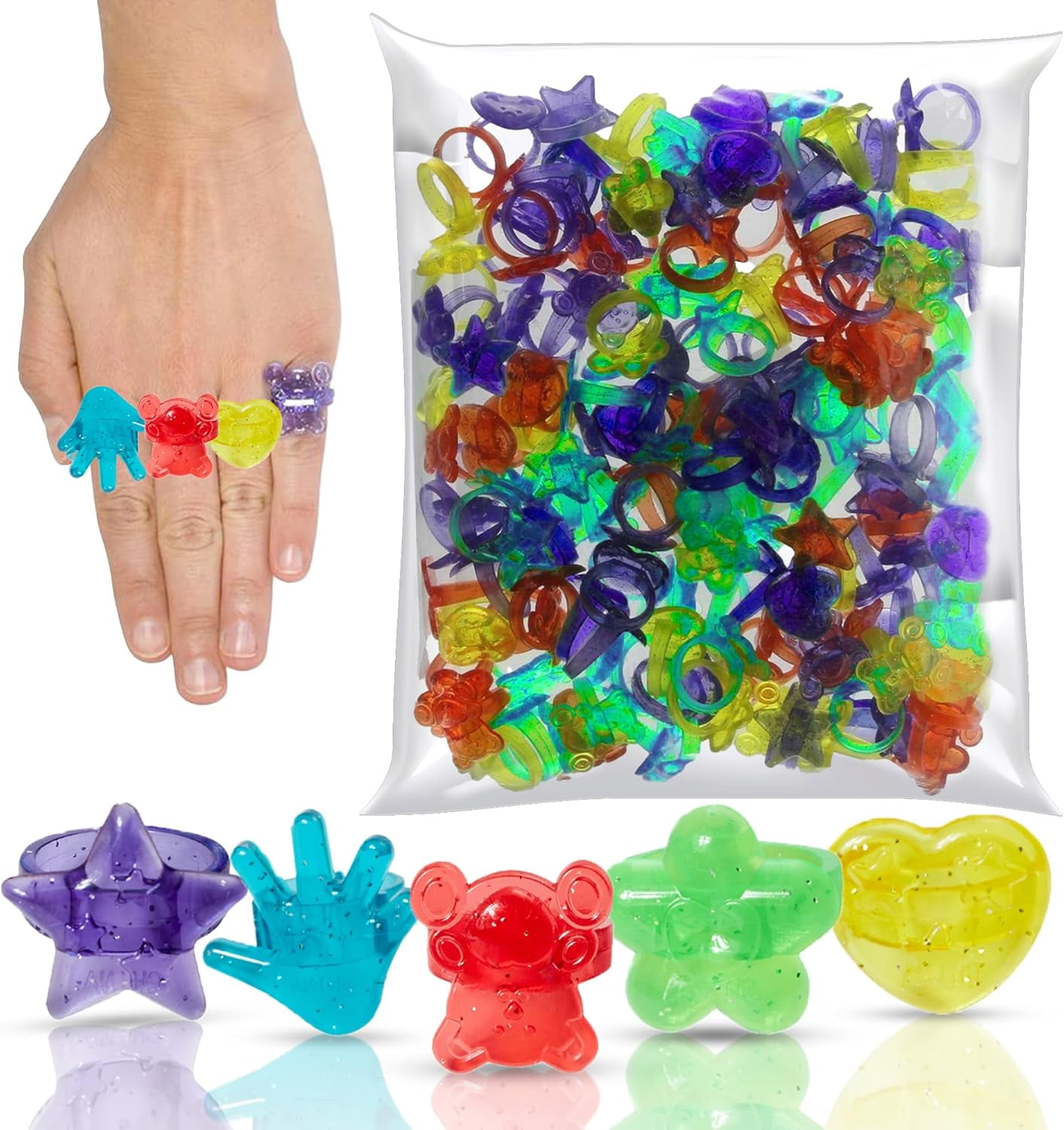 Colorful Plastic Glitter Toy Rings - 144 Pack- Assorted Hearts, Bears ...