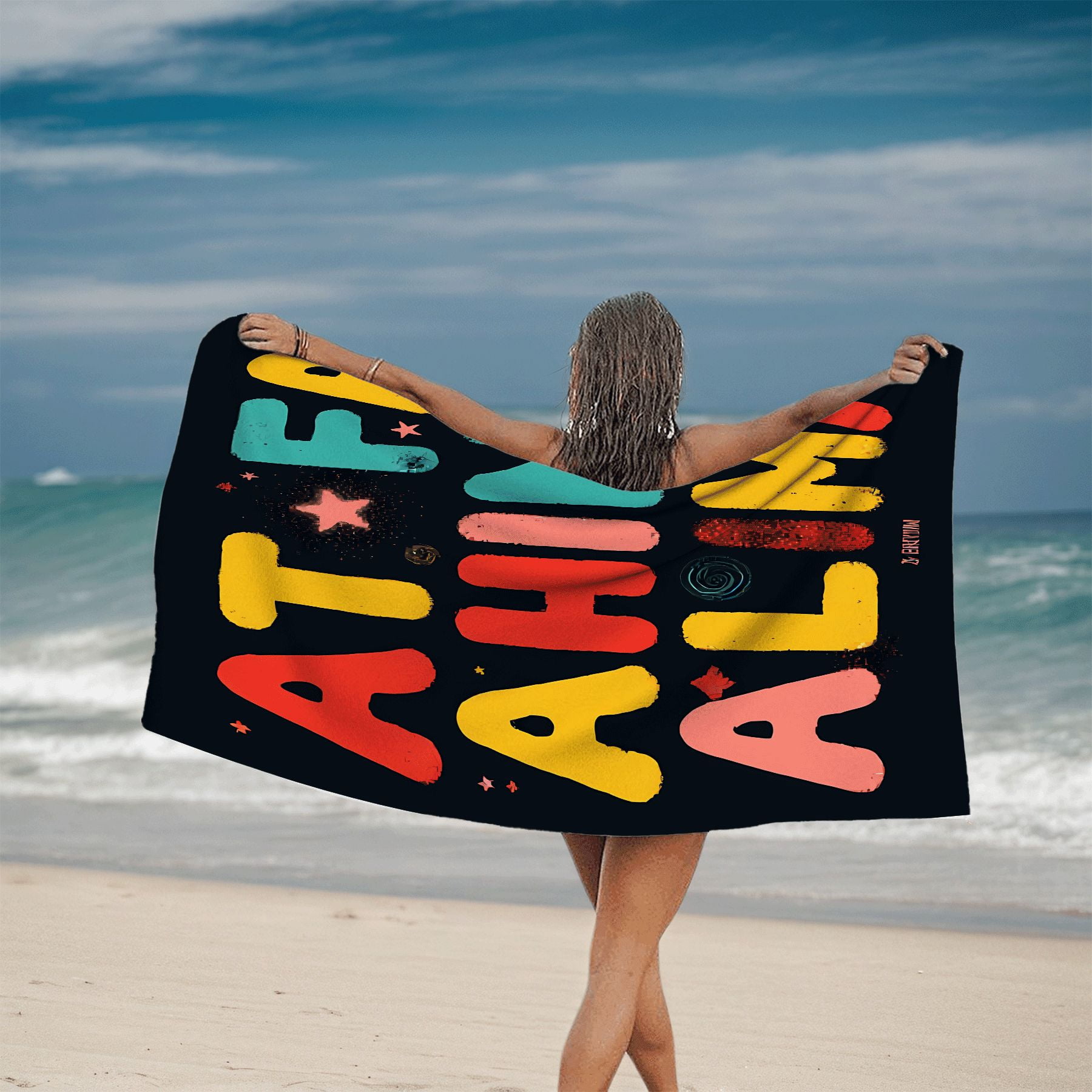 Colorful Playful Beach Towel with Bold Letters ' AT FA AHINA ALIMA ...