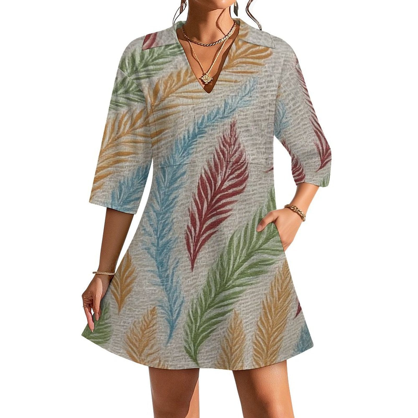 Colorful Plumage Fabric Design Womens Dress With Pockets Summer V Neck ...