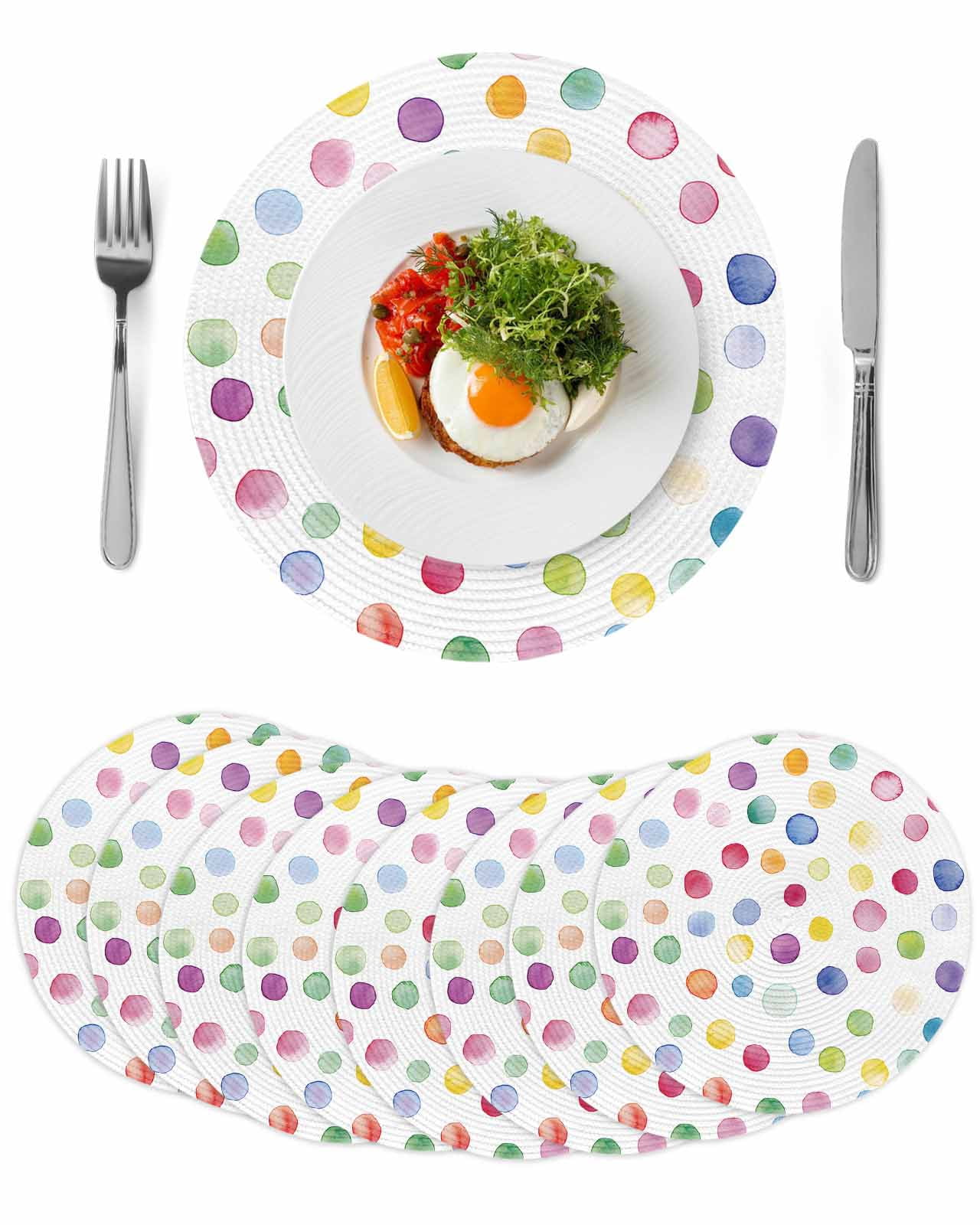 Colorful Polka Dot Round 13 Inch Placemats Set of 8, Rainbow Polka Dot ...