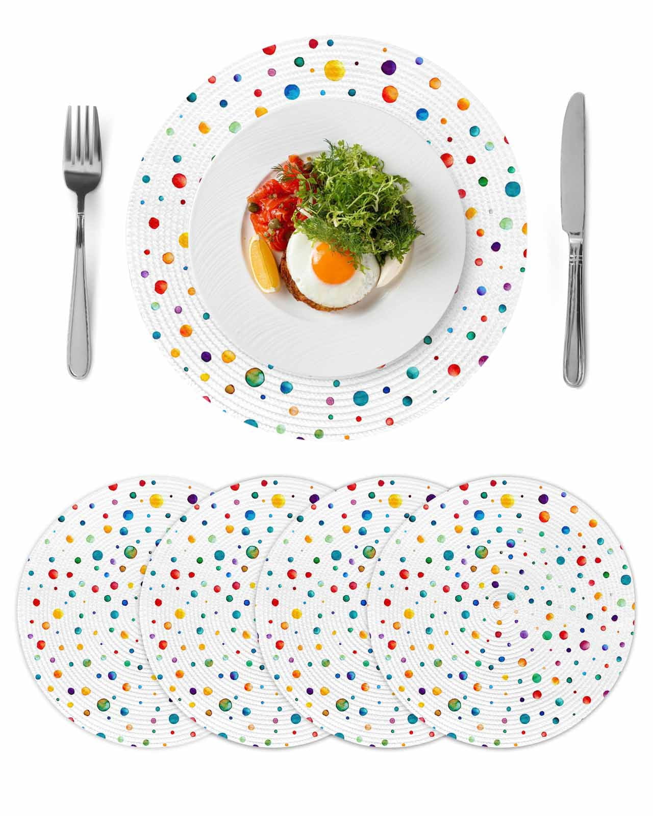 Colorful Polka Dot Round Placemats Set of 4, Braided Polypropylene ...