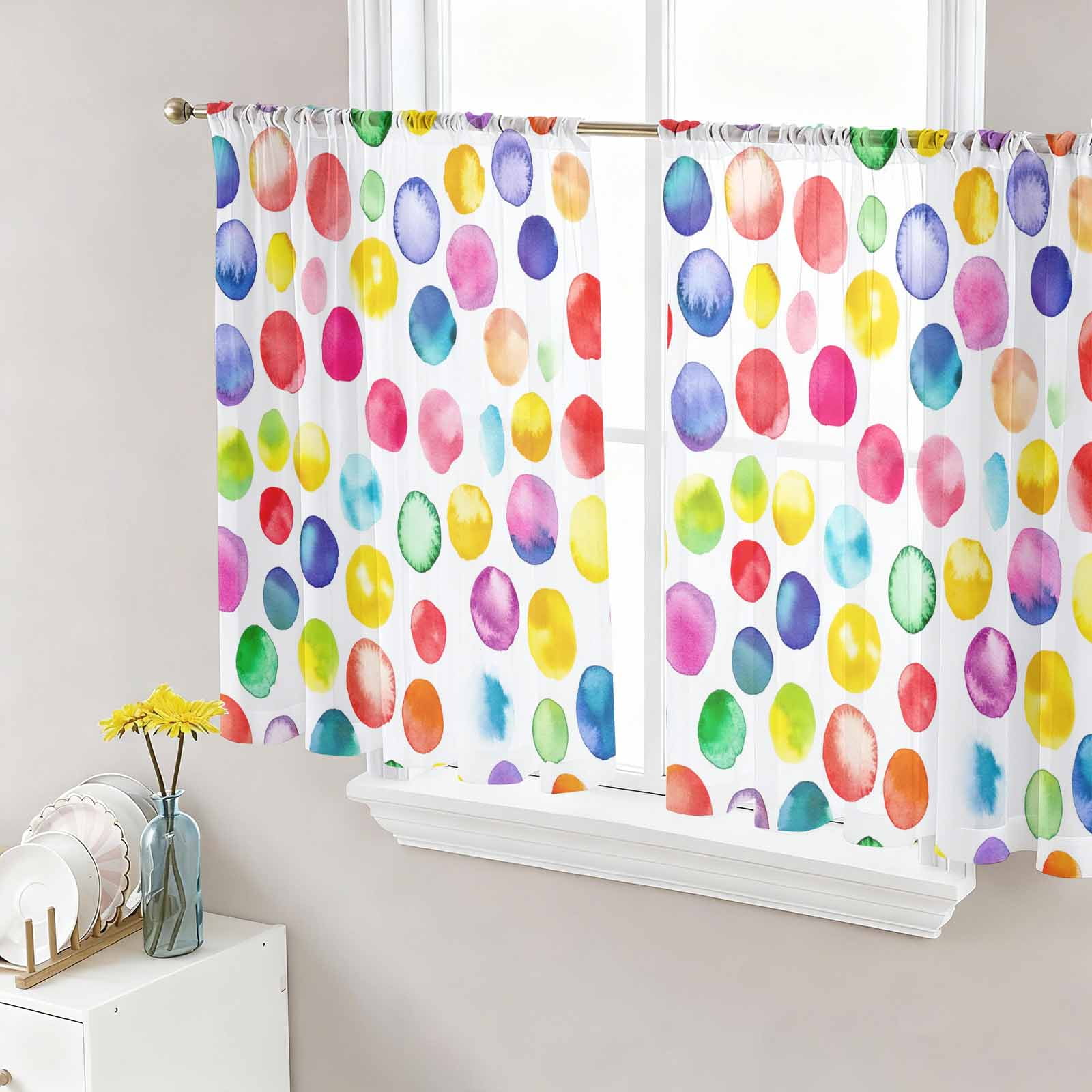 Colorful Polka Dot Semi Sheer Curtains 45 Inch Length 2 Panels Set ...