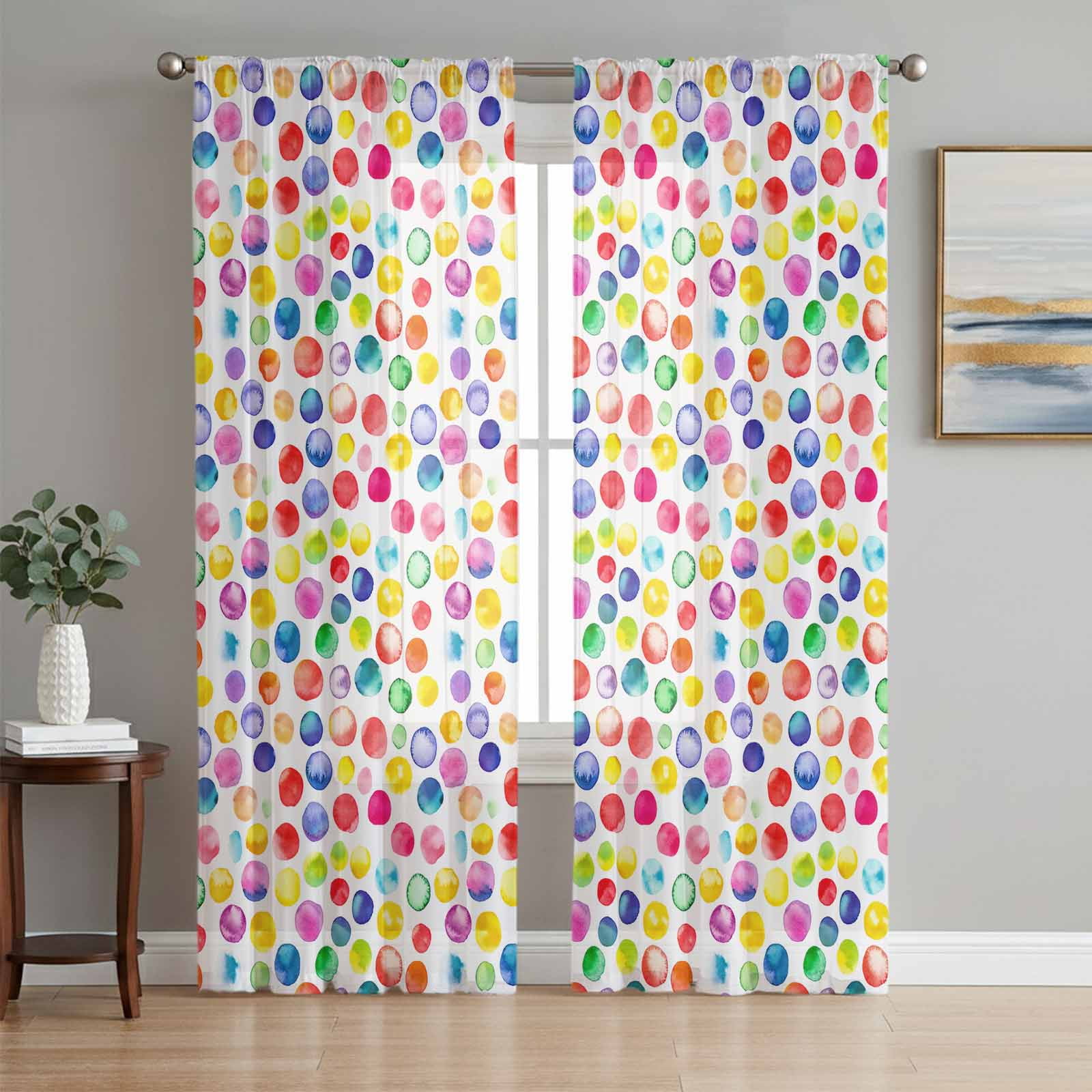 Colorful Polka Dot Semi Sheer Curtains 84 Inch Length 2 Panels Set ...