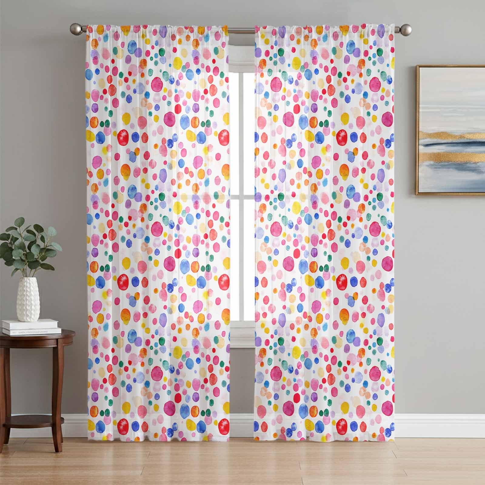 Colorful Polka Dot Semi Sheer Curtains 96 Inch Length 2 Panels Set ...
