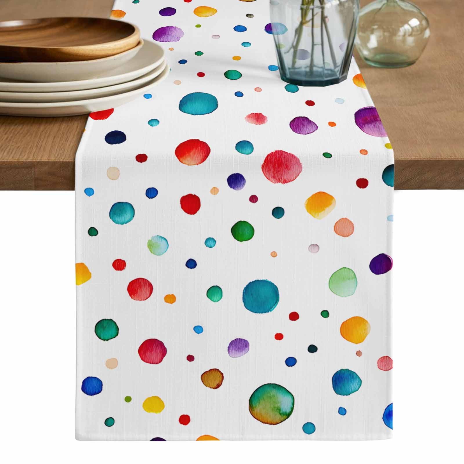 Colorful Polka Dot Table Runner, Rainbow Color Polka Dots Abstract ...