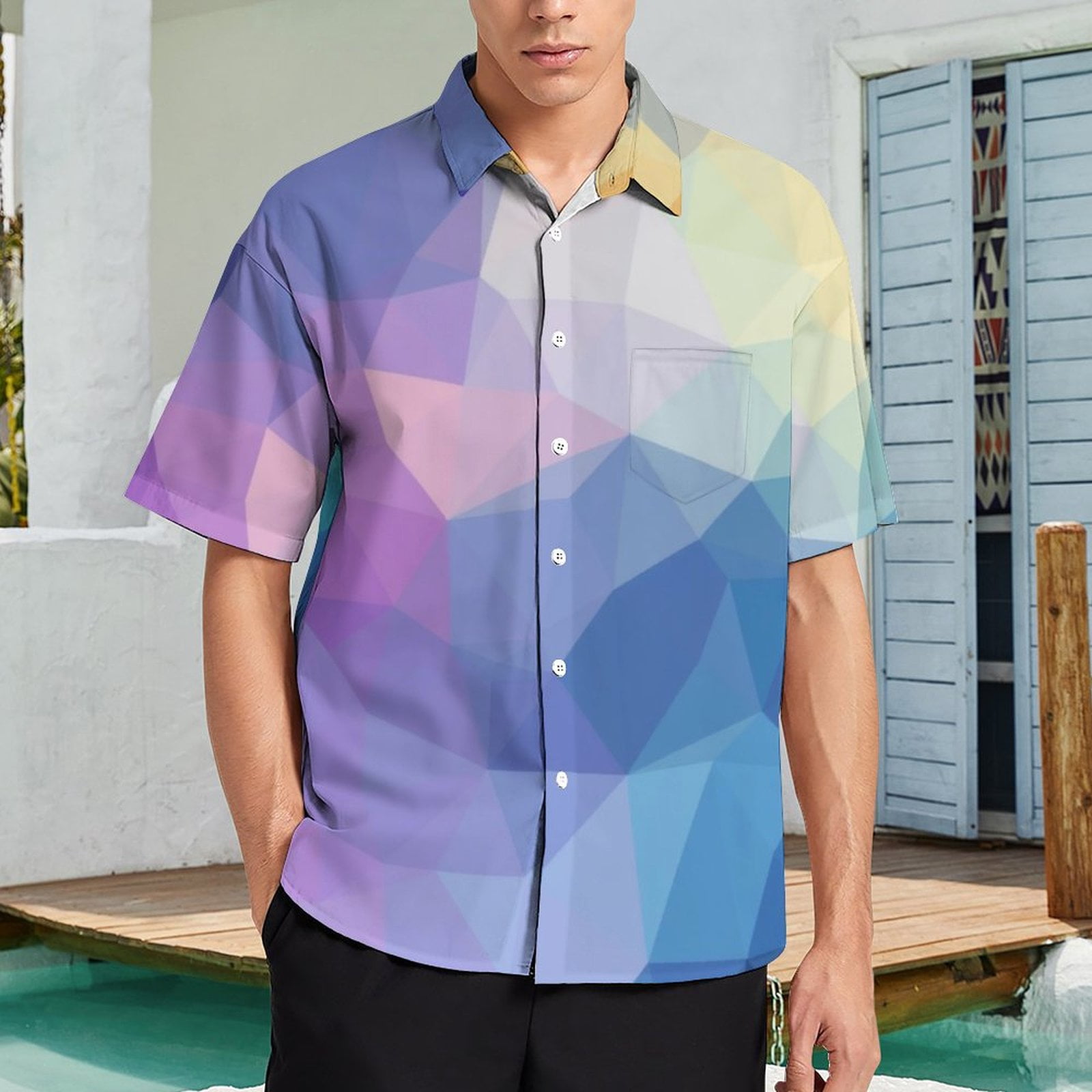 Colorful Polygon Loose Shirt Male Vacation Field with Irises Casual ...