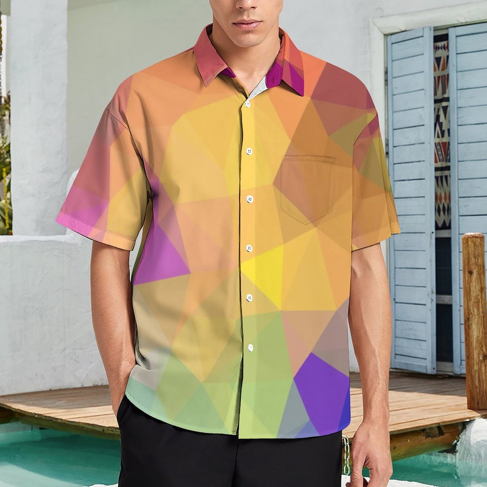 Colorful Polygon Male Retro Print Casual Shirts Hawaiian Short-Sleeve ...