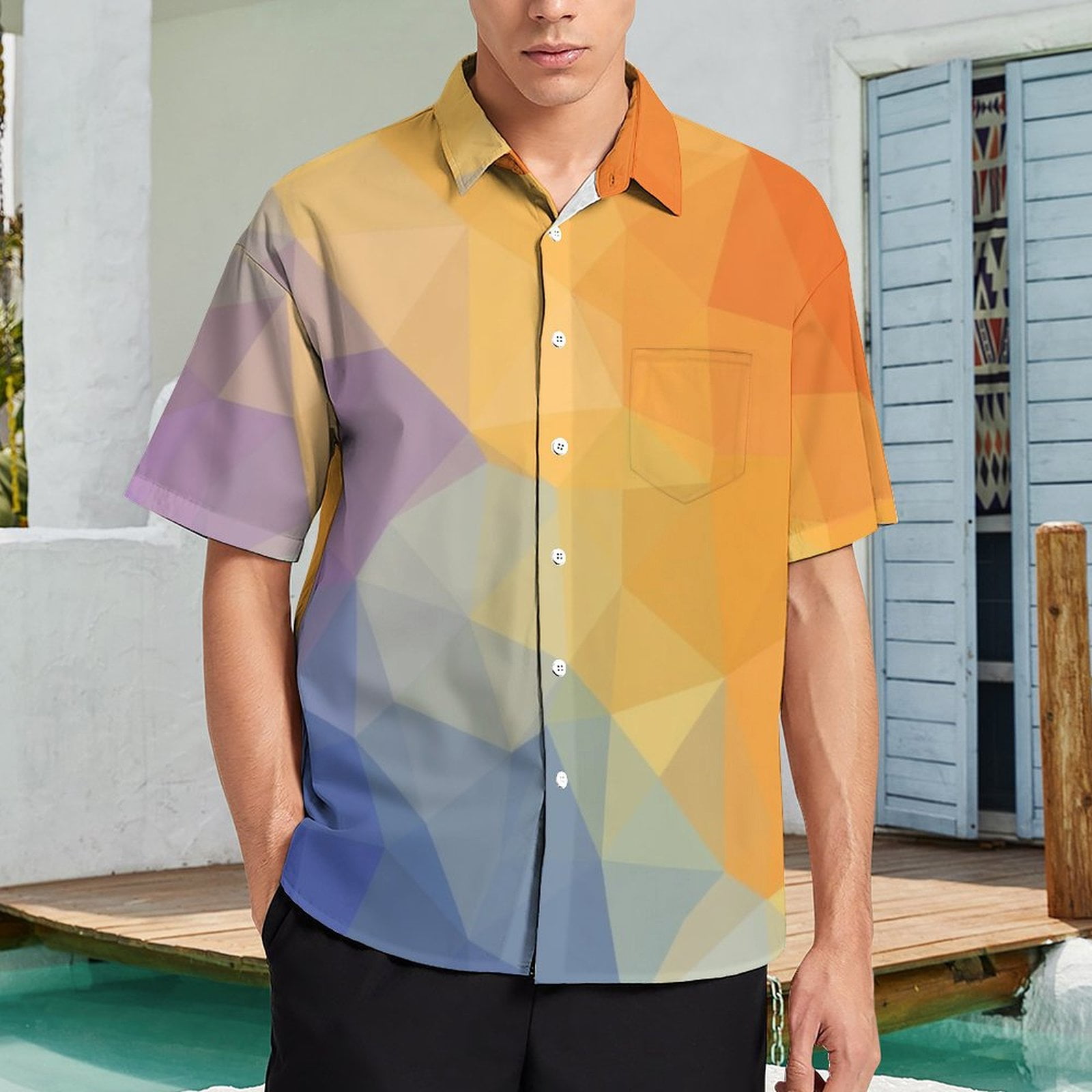 Colorful Polygon Male Retro Print Casual Shirts Hawaiian Short-Sleeve ...