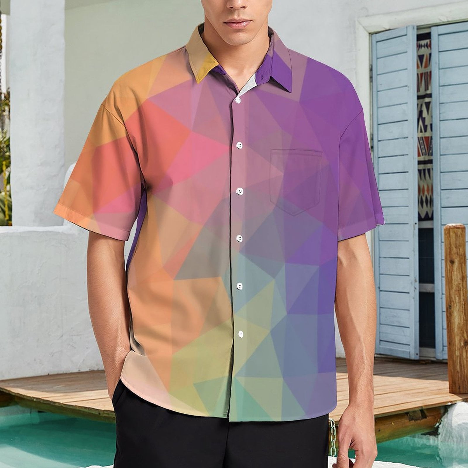Colorful Polygon Male Retro Print Casual Shirts Hawaiian Short-Sleeve ...