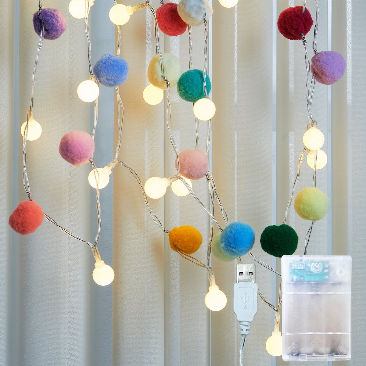 Colorful Pom Pom LED String Lights, 9.8ft (3M) 20 LEDs, Battery & USB ...