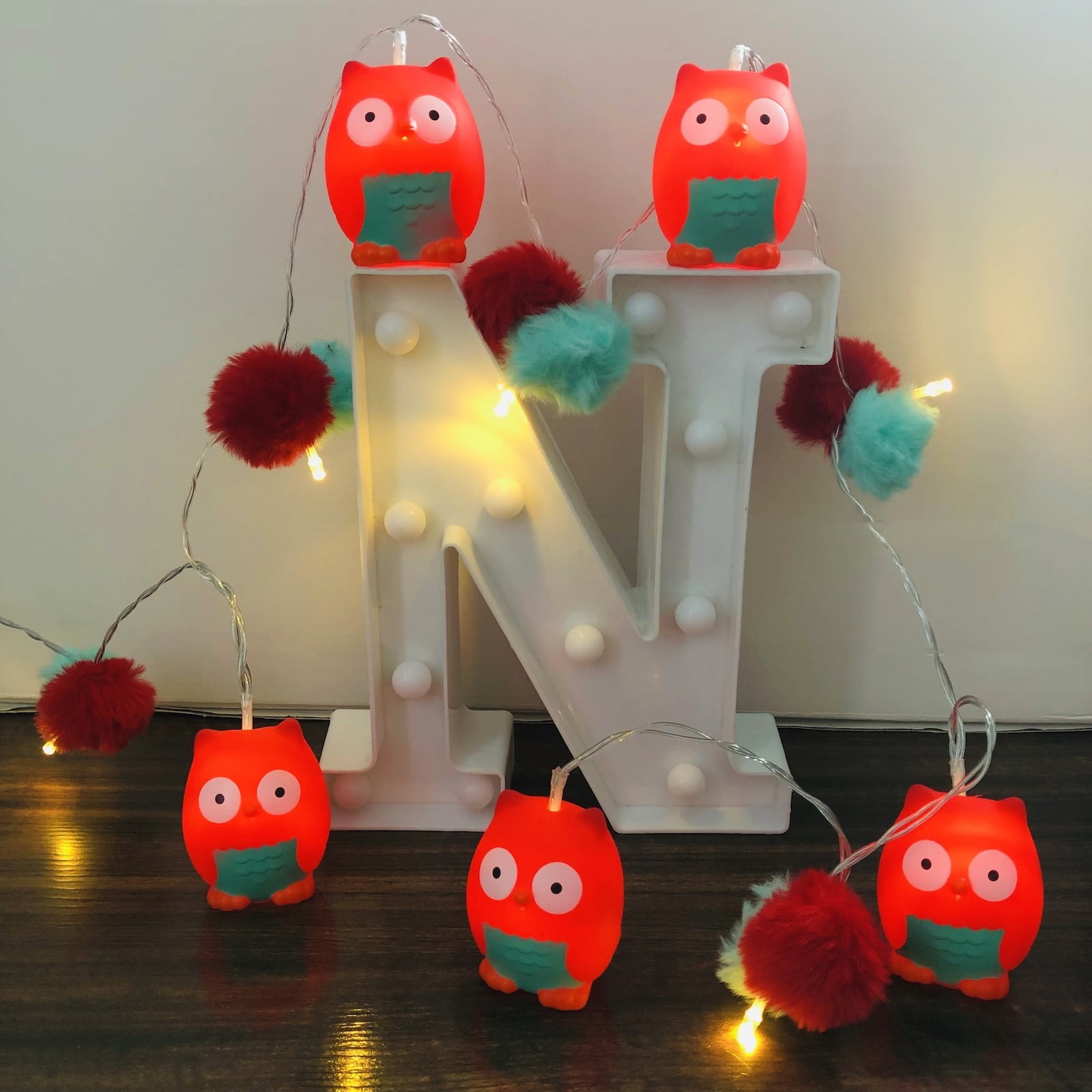 Colorful Pom Poms Red Owl Light 5.4 ft 10 LED Battery Powered Owl ...