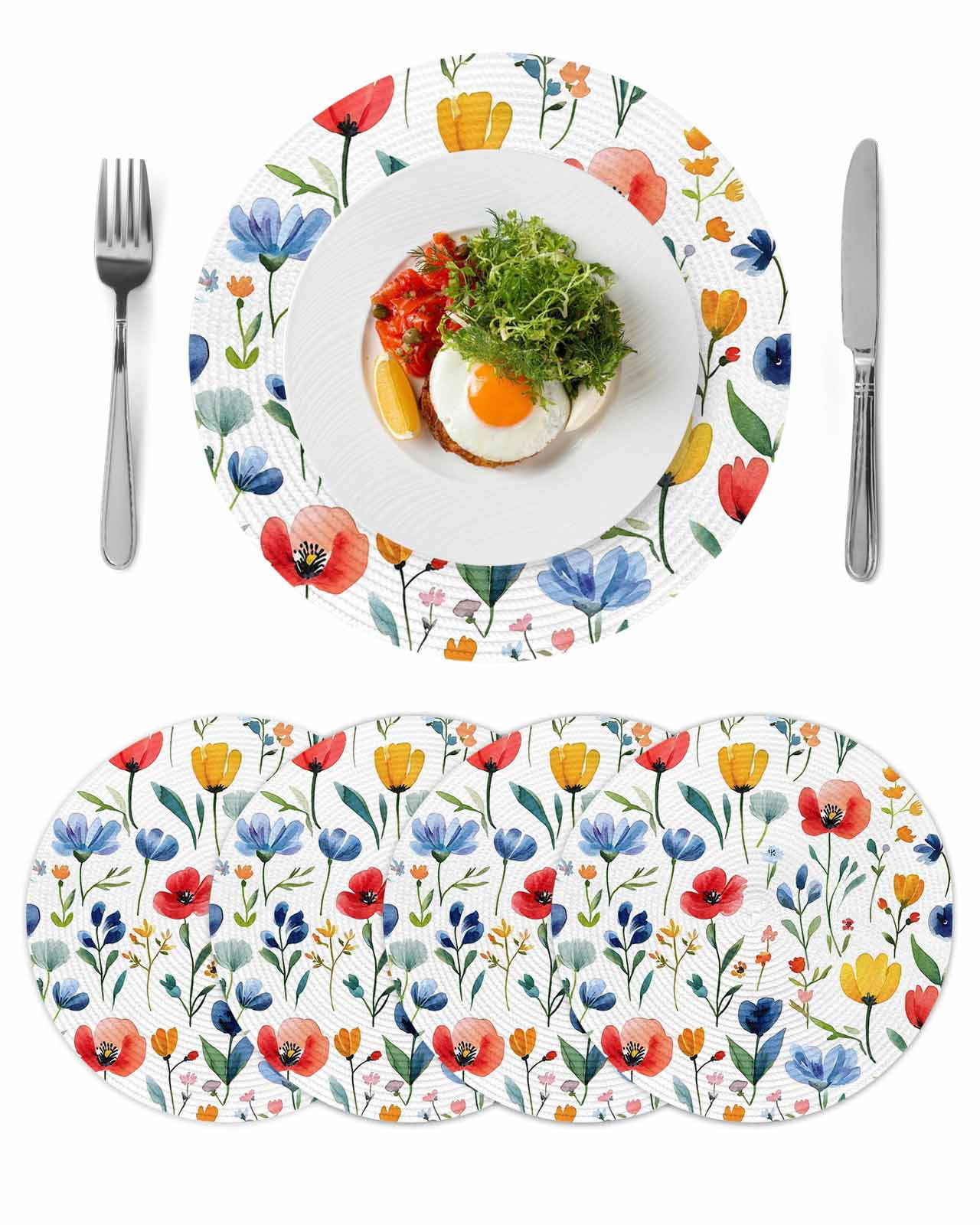 Colorful Poppies Round 13 Inch Placemats Set of 4, Orange Blue Flowers ...
