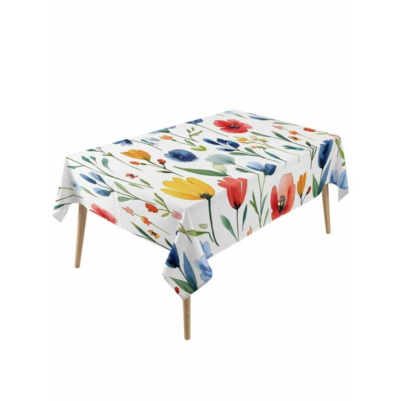 Colorful Poppies Table Cloth, Orange Blue Flowers Leaves Waterproof ...