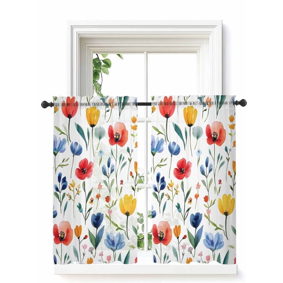 Colorful Poppies Tier Curtains 45 Inch Length, Sheer Curtains for ...
