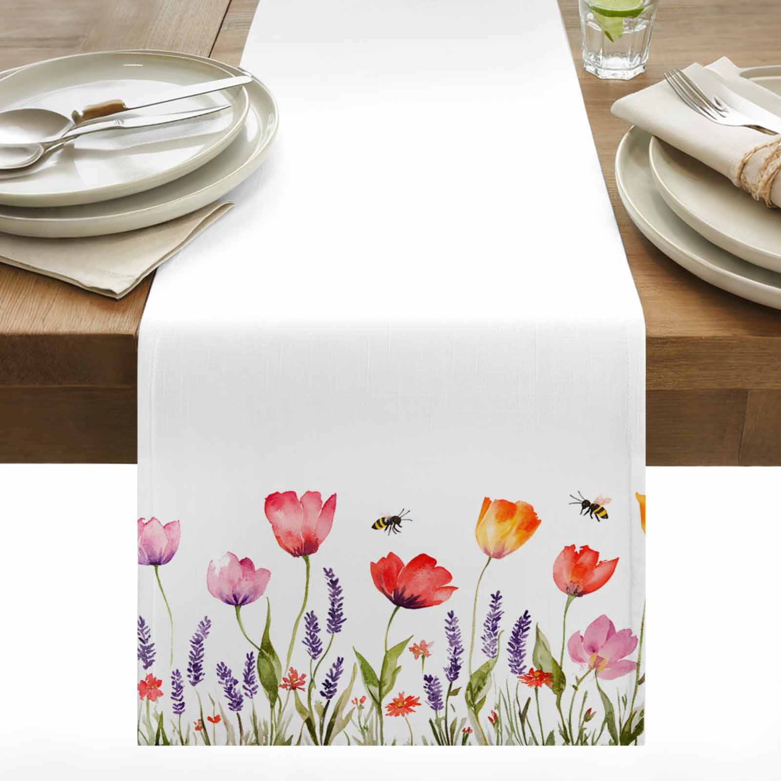 Colorful Poppy Cotton Linen Table Runner Spring Flowers Lavender Dining ...