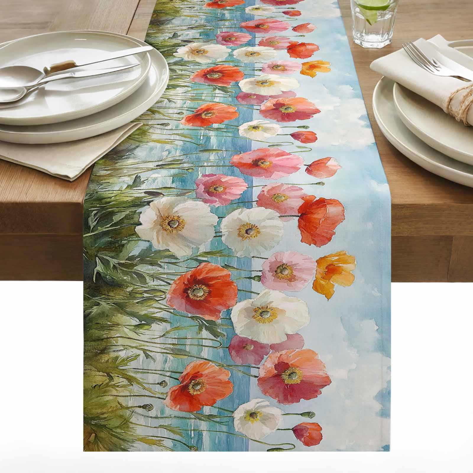 Colorful Poppy Cotton Linen Table Runner Spring Red Pink White Floral ...