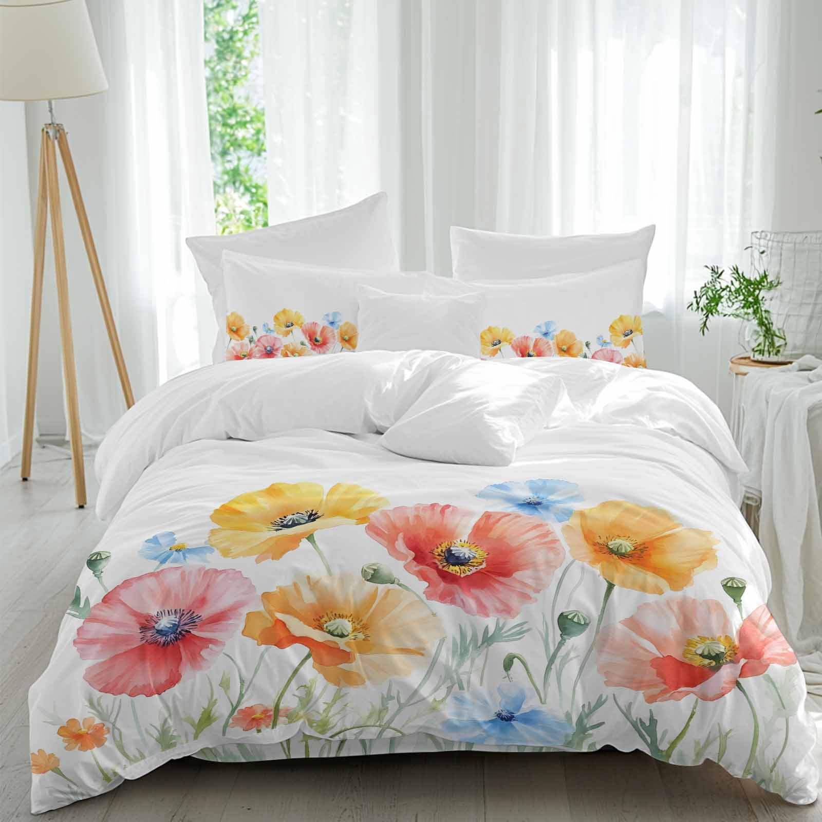 Colorful Poppy Duvet Cover Set Queen Size Pink Orange Blue Floral Plant ...