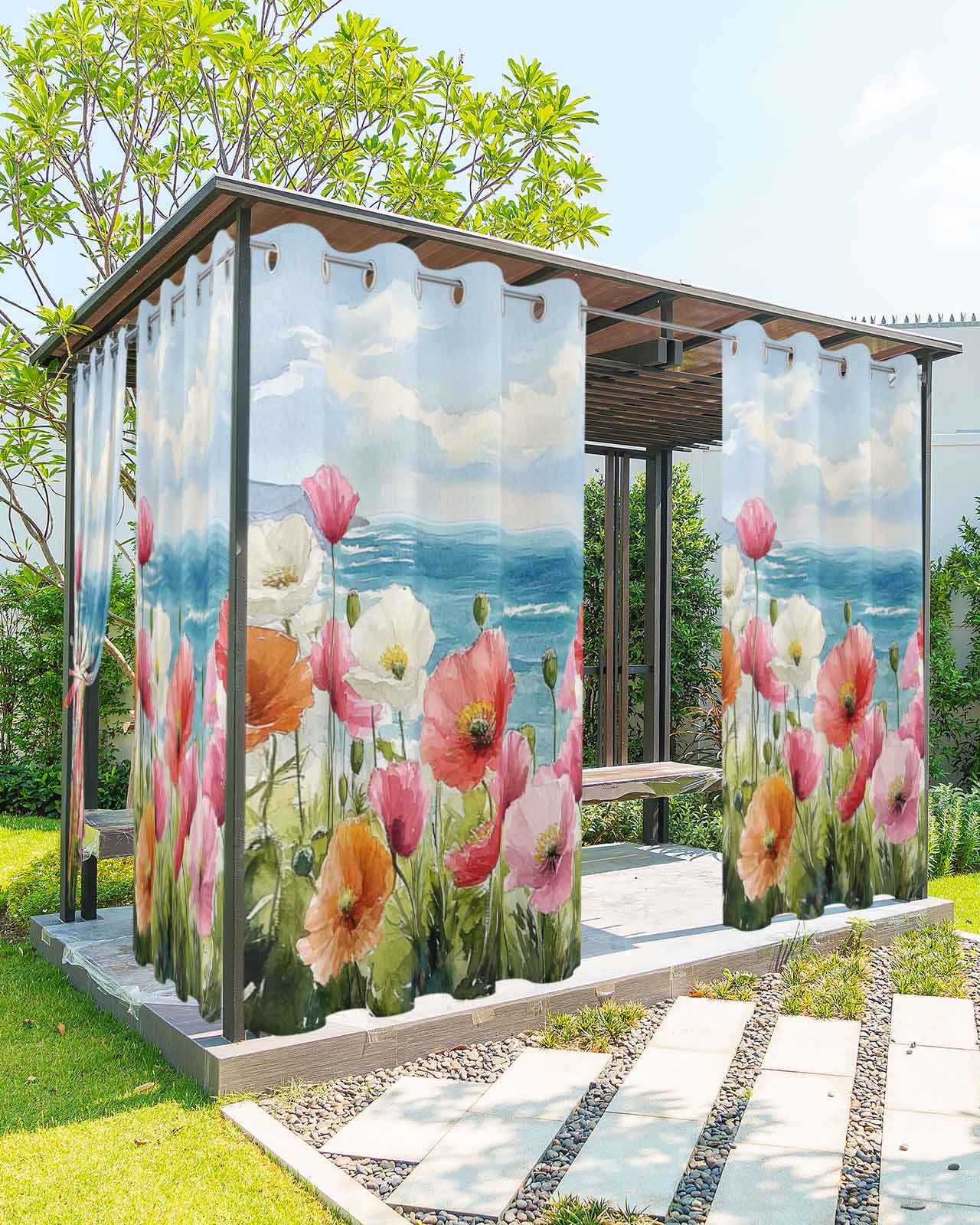 Colorful Poppy Outdoor Curtains for Patio, Spring Red Pink White Floral ...