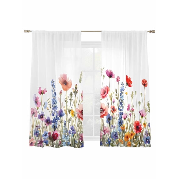 Colorful Poppy Sheer Curtains 2 Panels Set Watercolor Floral Sheer ...