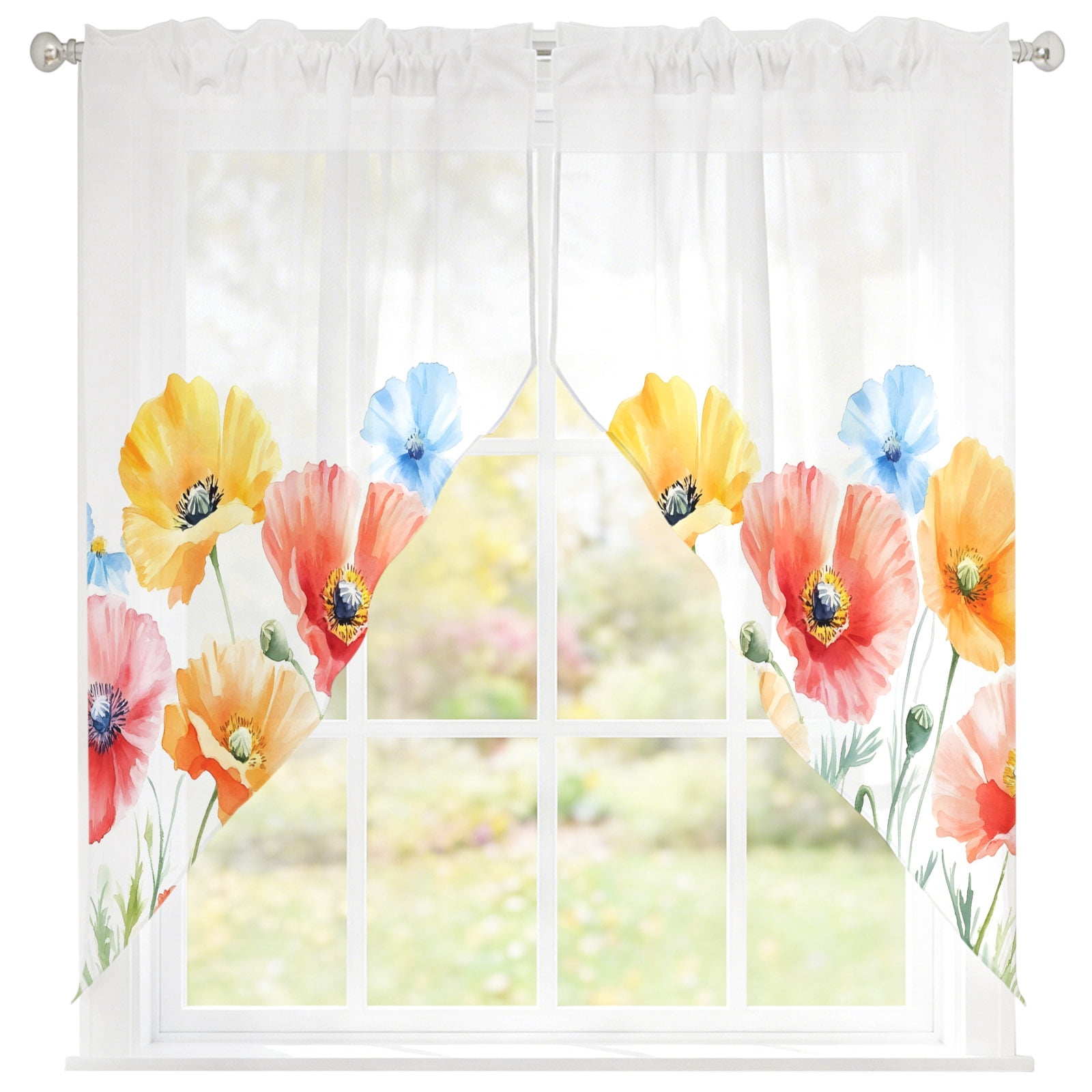 Colorful Poppy Sheer Curtains Swag Valances for Windows Pink Orange ...