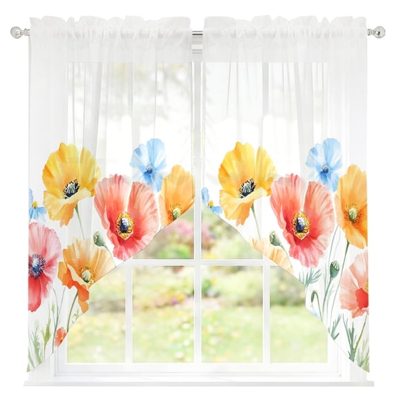 Colorful Poppy Sheer Curtains Swag Valances for Windows Pink Orange ...