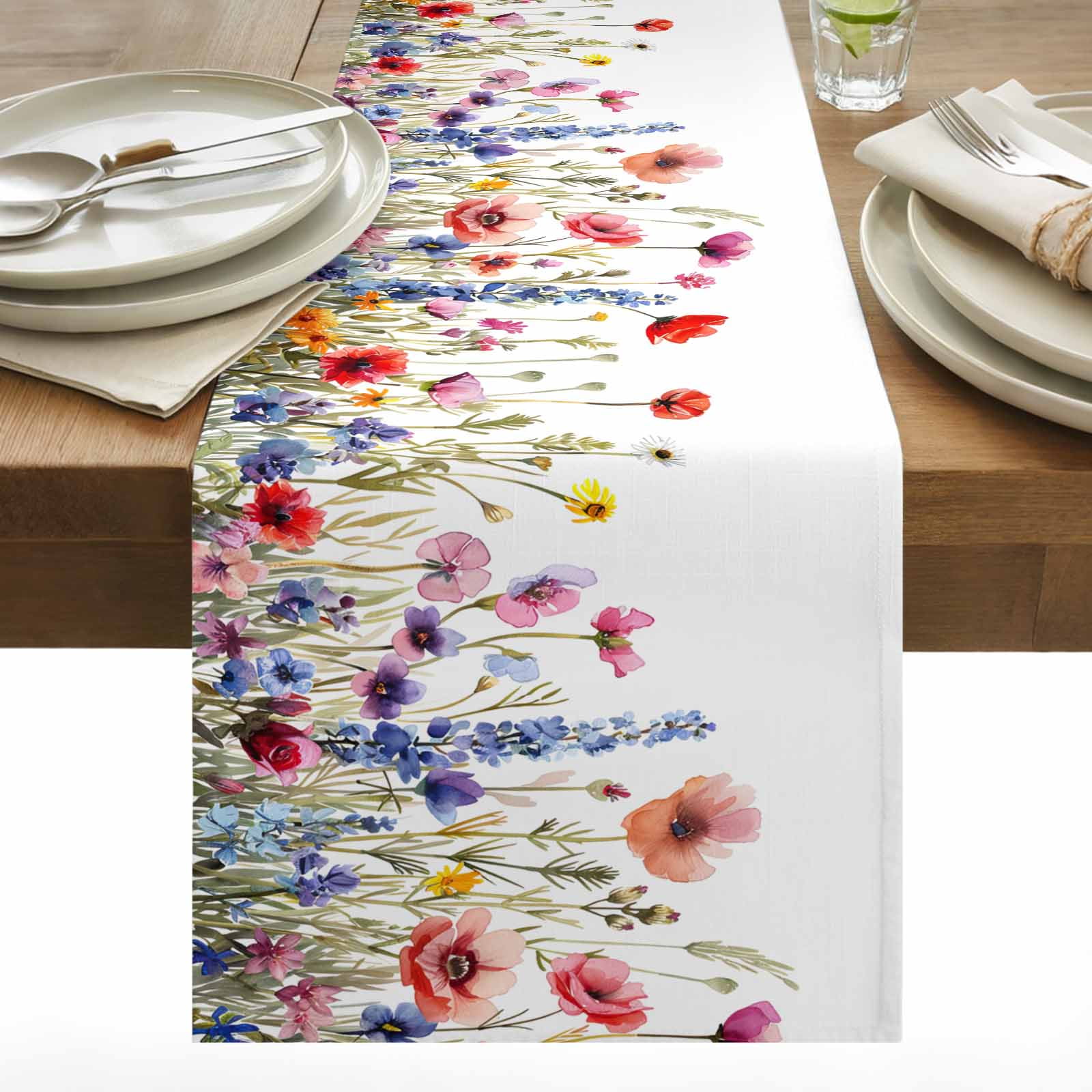 Colorful Poppy Table Runner 13x90 inch Watercolor Floral Cotton Linen ...