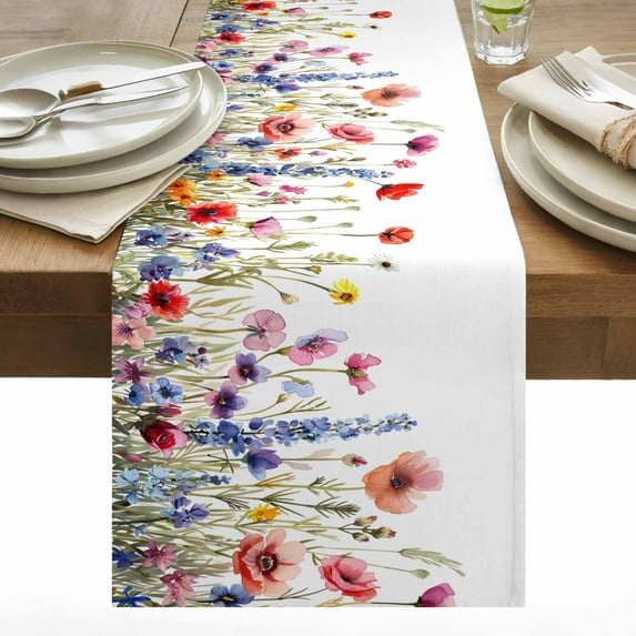 Colorful Poppy Table Runner 13x90 inch Watercolor Floral Cotton Linen ...
