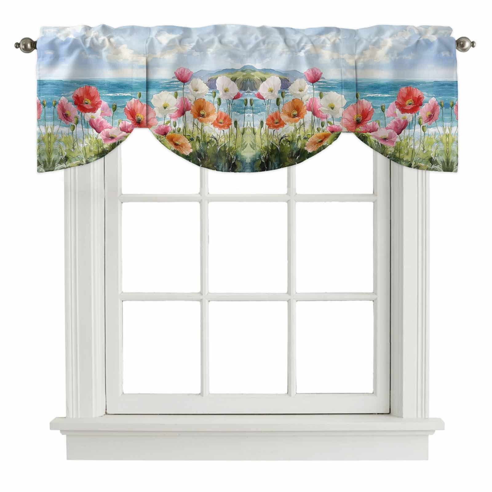 Colorful Poppy Tie Up Valance for Windows, Spring Red Pink White Floral ...