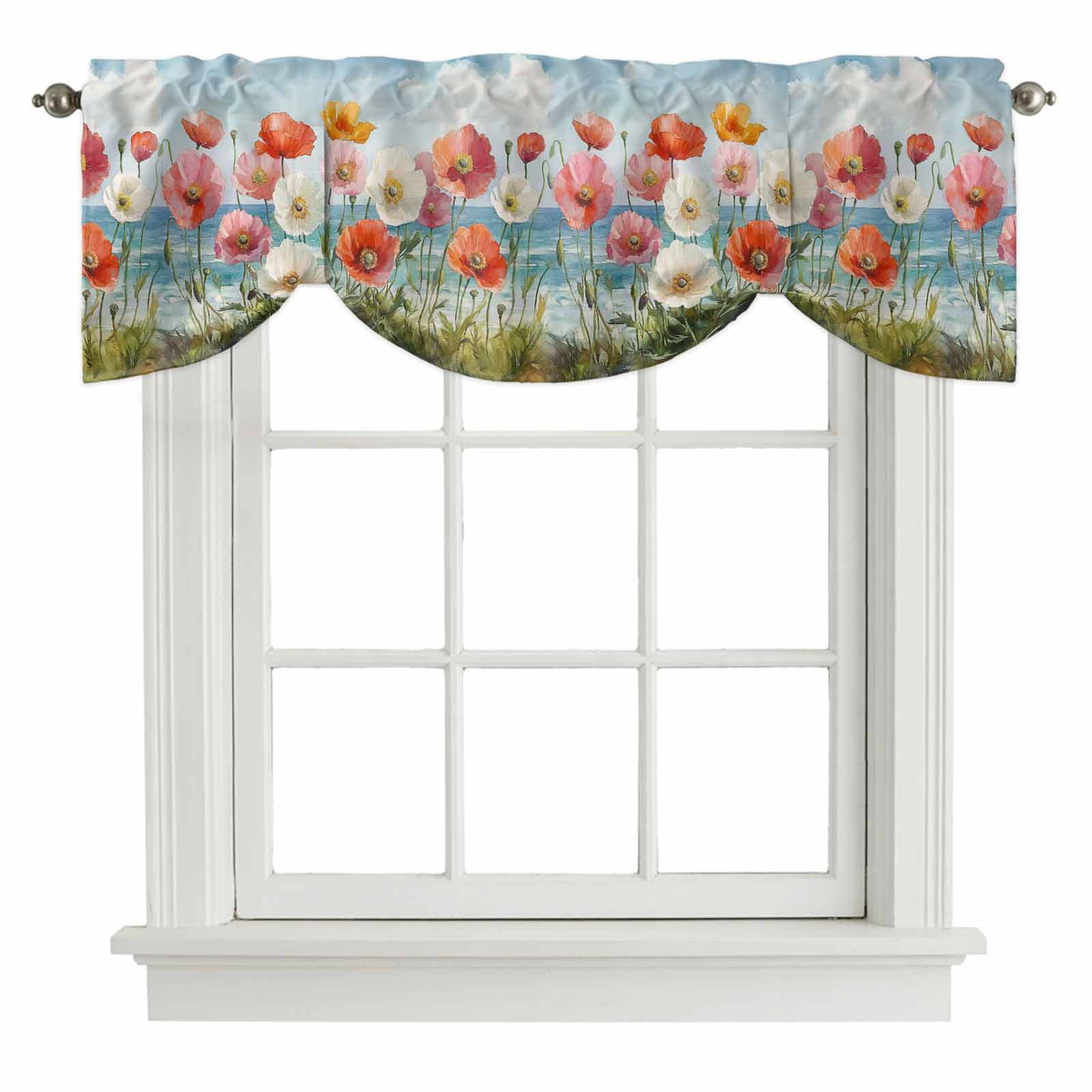 Colorful Poppy Tie Up Valance for Windows, Spring Red Pink White Floral ...
