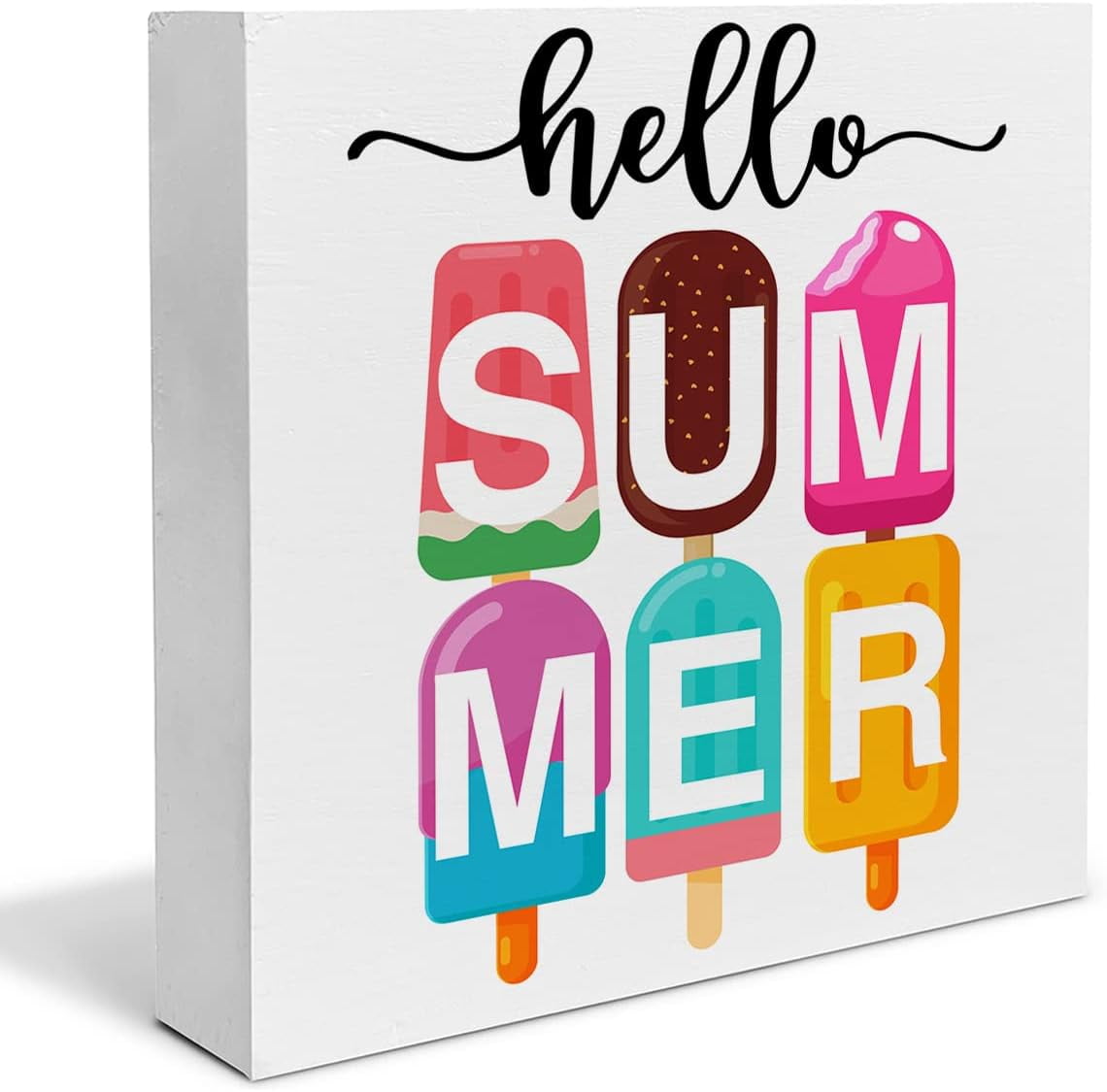 Colorful Popsicle Wood Box Sign Desk Decor Hello Summer Wood Block Sign ...