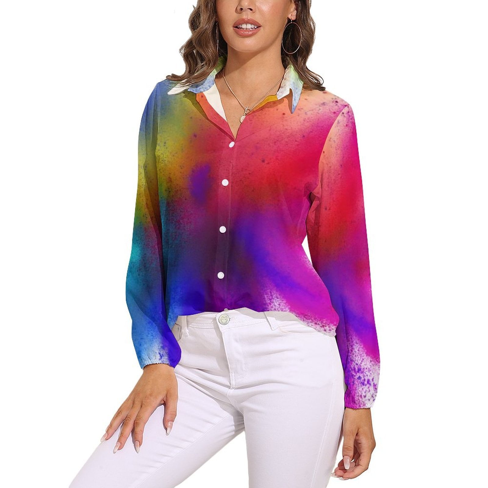 Colorful Powder Explosion Art_1 Vntage Casual Long Sleeve Shirt Blouse Woman Streetwear Summer ...