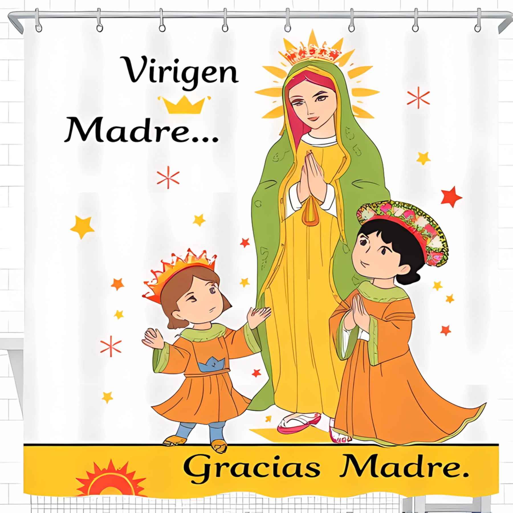 Colorful Prayer Shower Curtain with Virgen Madre Design Stars ...
