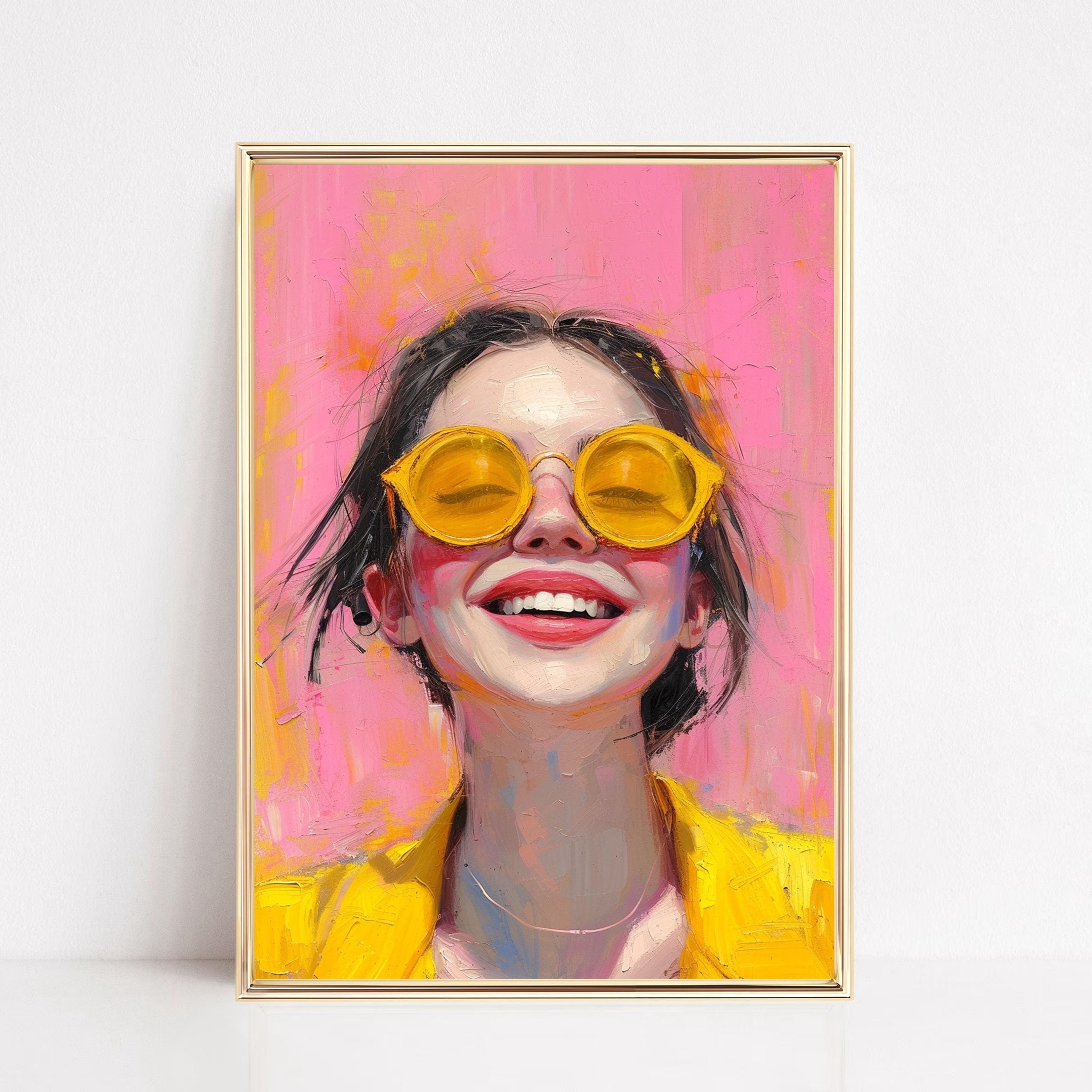 Colorful Preppy Girl Portrait Print Pink Yellow Glasses Watercolor ...